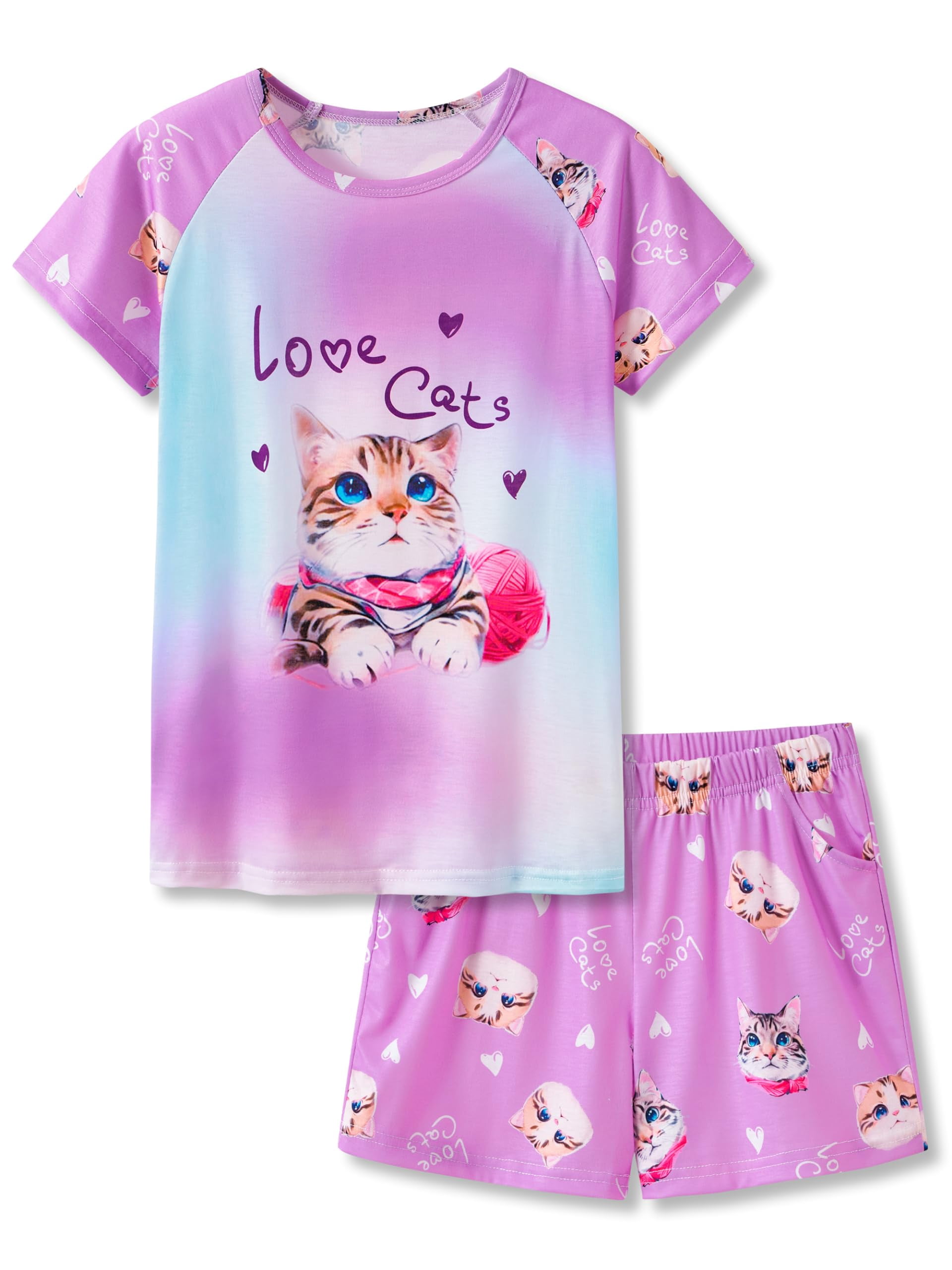 Tebbis Trendy Cute Cat Pajamas for Big / Teen Girls 2-Piece Soft Tee ...