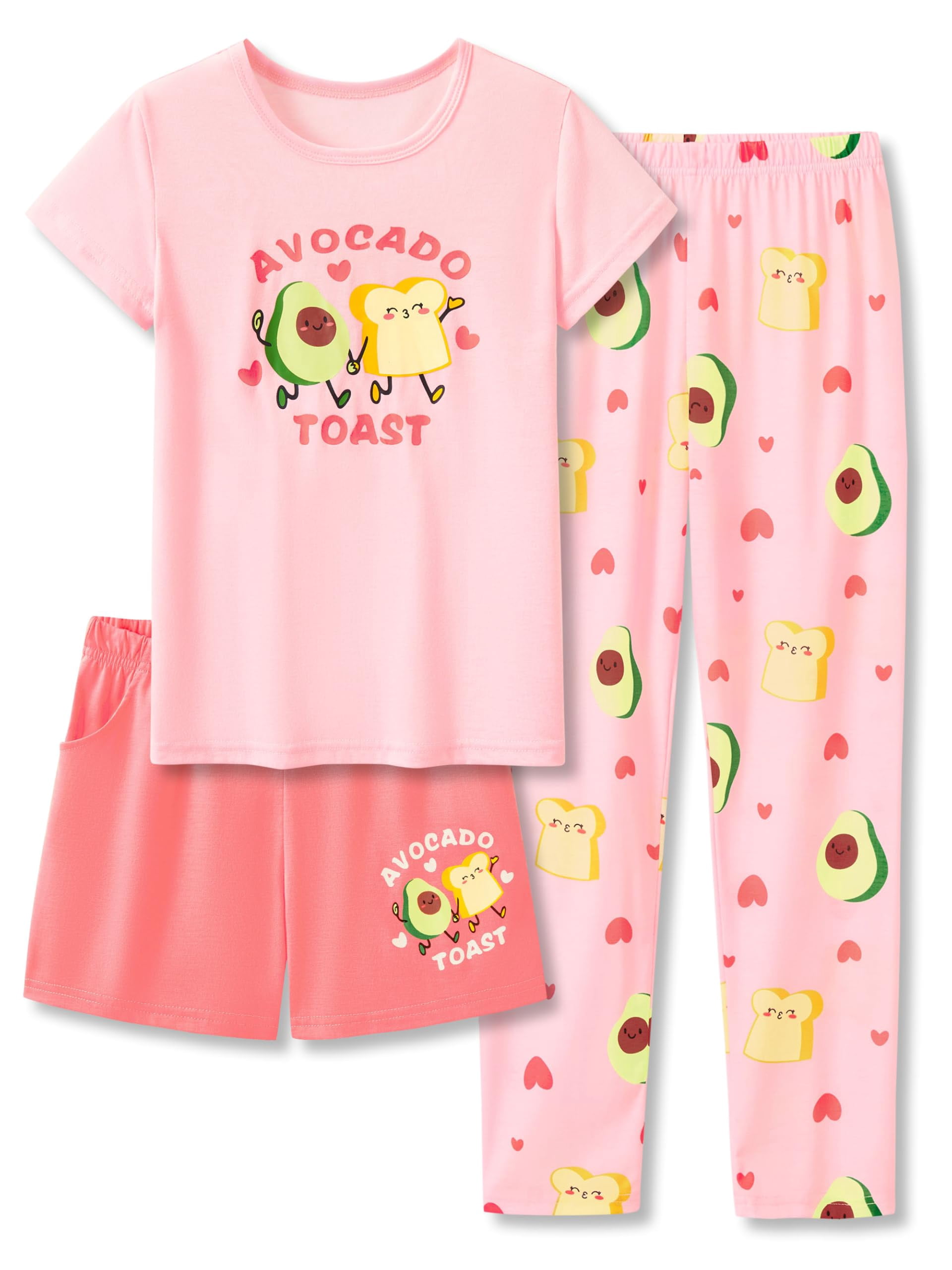 Beezizac Trendy Pink Avocado Cute Pajamas for Girls 3 Pieces Soft Tee ...