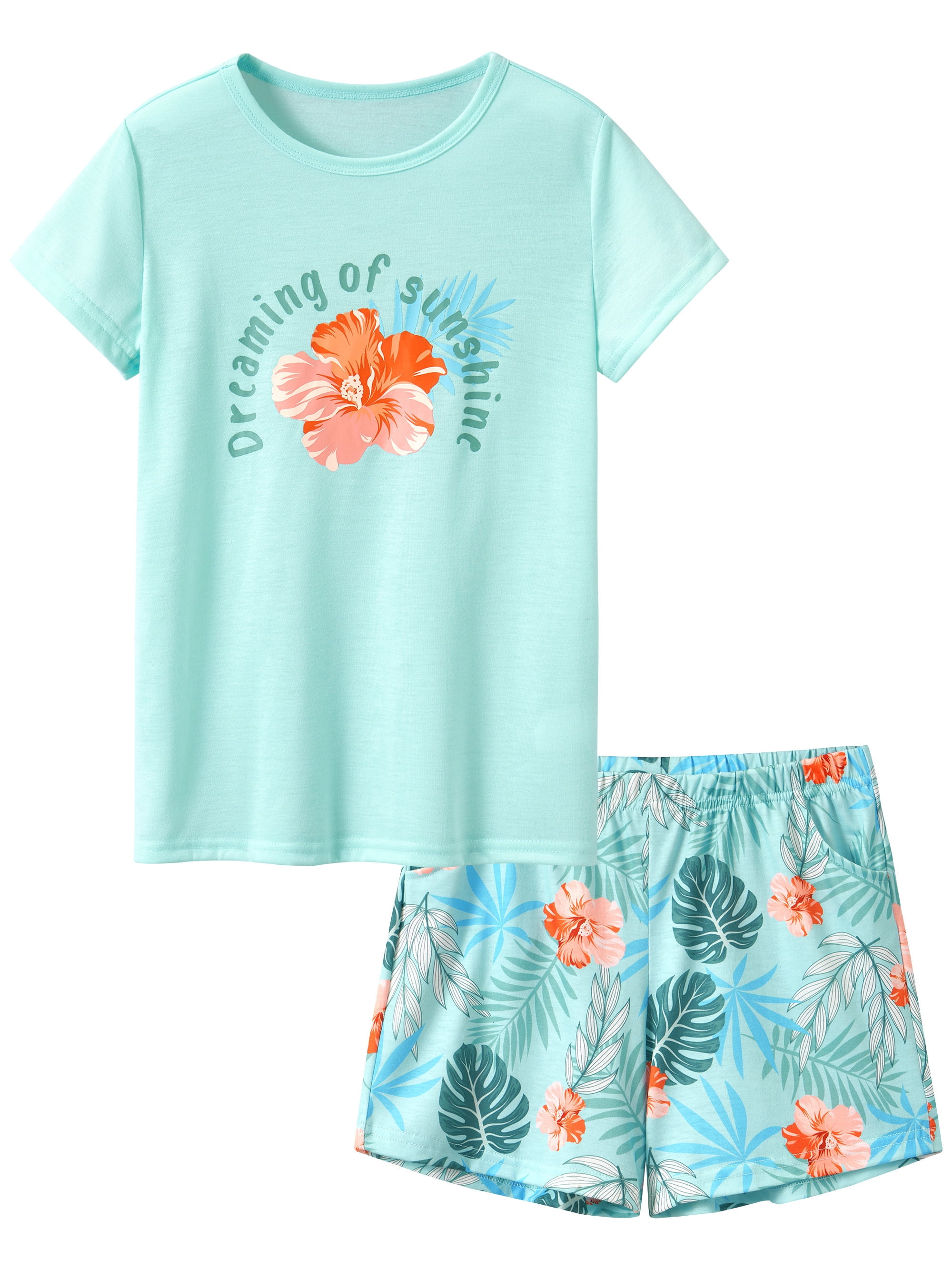 Tebbis Tropical Palm Leaf & Hibiscus Pajamas for Girls – Cool Summer ...