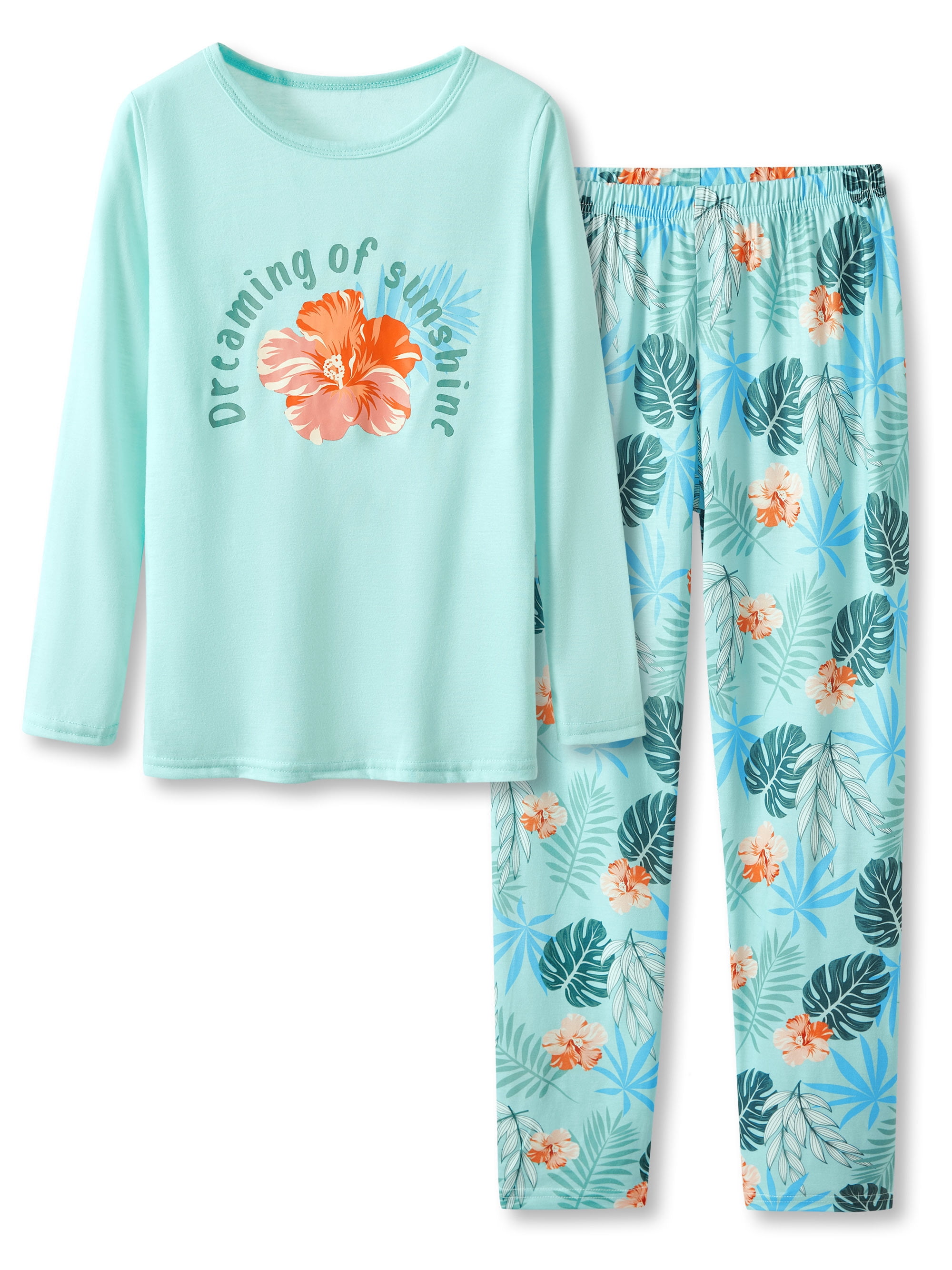 Tebbis Tropical Palm Leaf & Hibiscus Pajamas for Girls – Long Sleeve ...