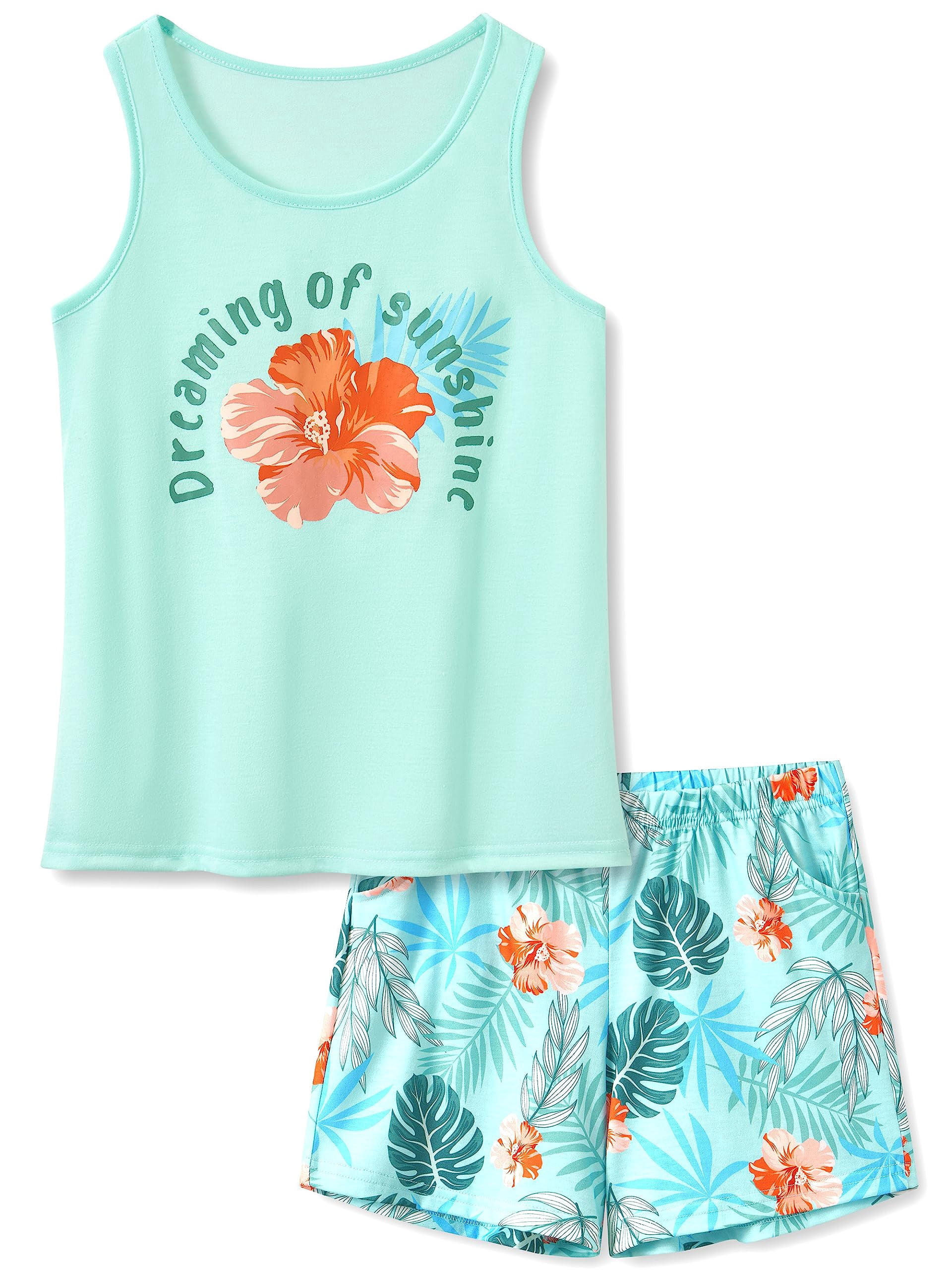 Tebbis Tropical Palm Leaf & Hibiscus Tank Top & Shorts Pajamas for ...