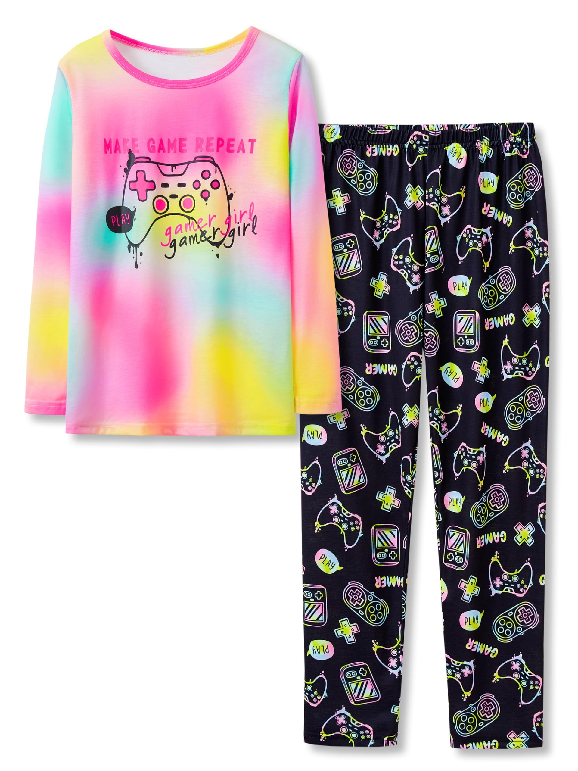 Beezizac Tween Girls Jammies Rainbow Game Pajamas 2-Piece Long Sleeve ...