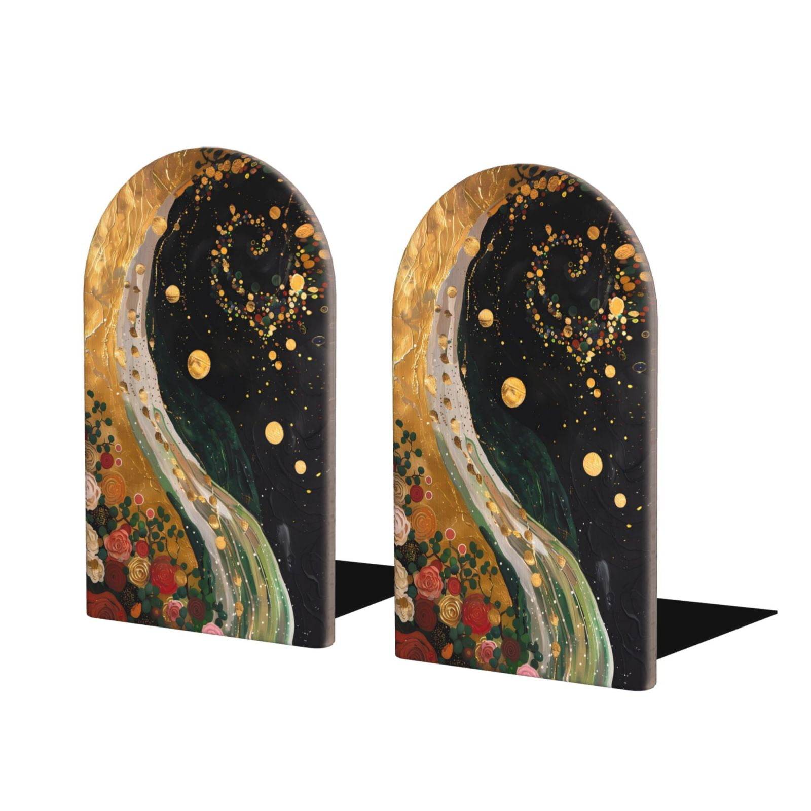 Tebeau Abstract Gold Floral Galaxy Print Wood Bookends for Shelves ...
