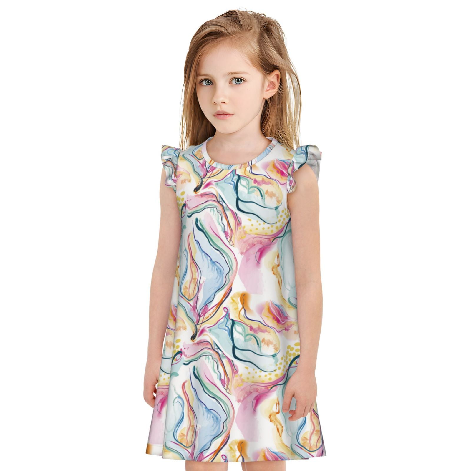 Tebeau Abstract Marble Texture Print Girls Nightgowns Flutter Sleeve ...