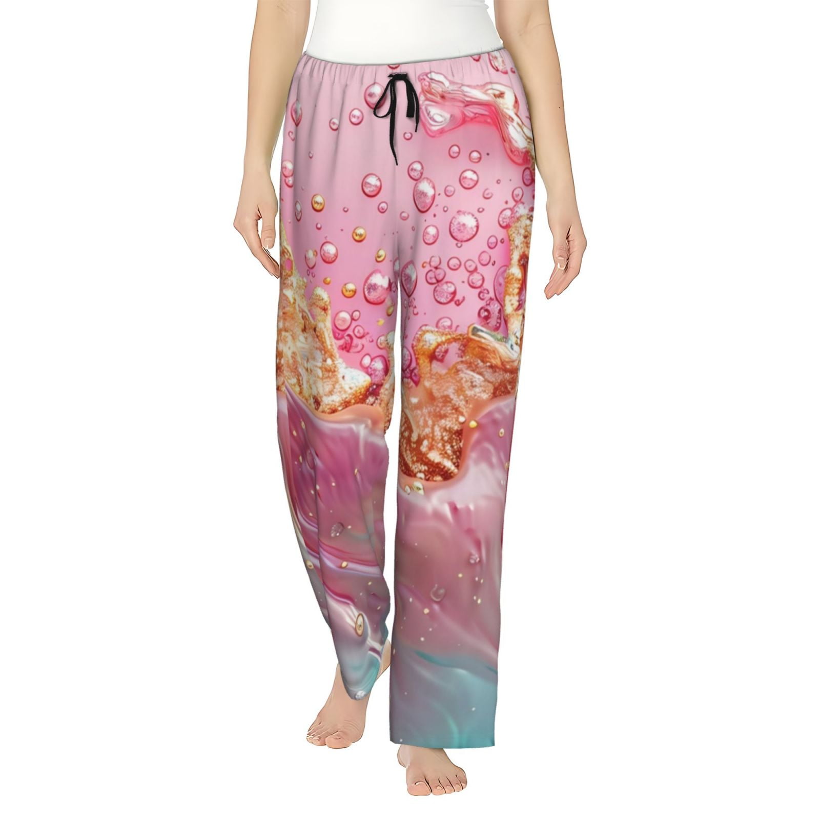 Tebeau Abstract Pink Gold Splash Print Women Pajama Pants Women's Drawstring Pajama Pants Casual ...