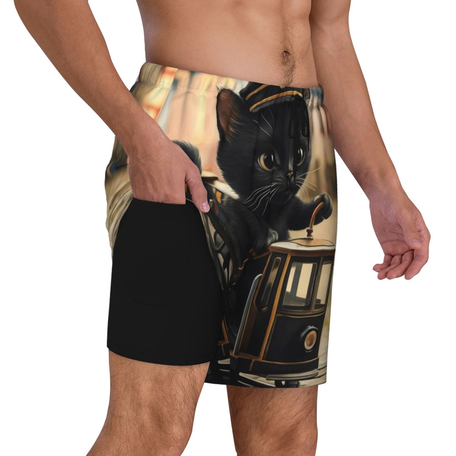 Tebeau Adorable Kitten On Mini Train Print Men's Swim Trunks with ...