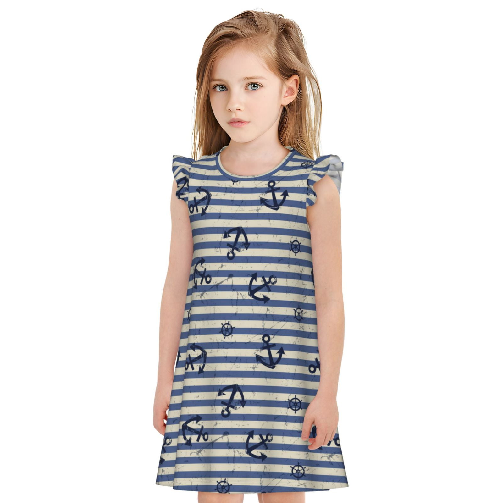 Tebeau Anchors And Steering Wheel Print Girls Nightgowns Flutter Sleeve ...