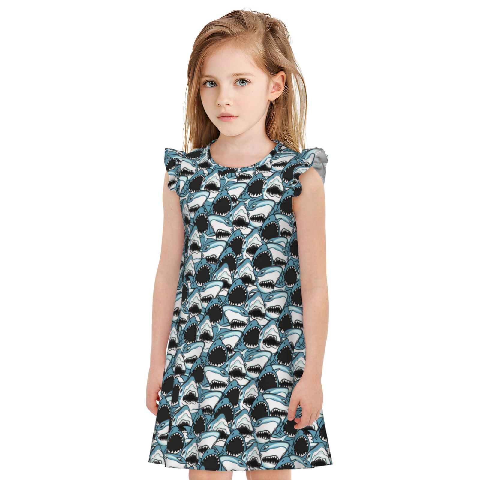 Tebeau Angry Shark Print Girls Nightgowns Flutter Sleeve Pajamas Dress ...