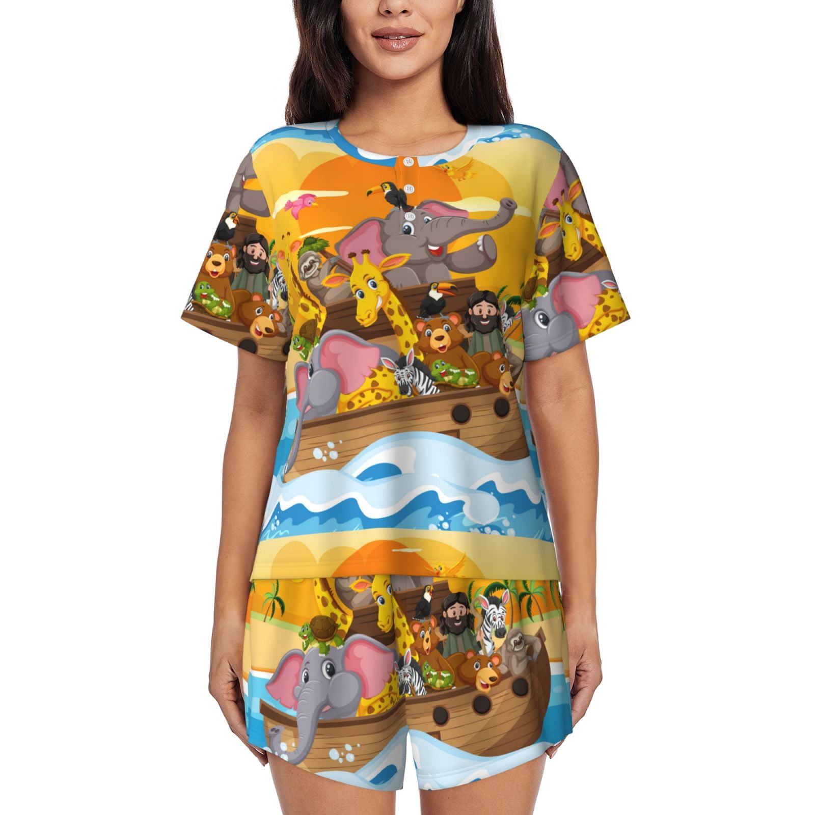 Tebeau Animals on Noah's Ark1 Print Women's Pajamas Sets Short Sleeve ...