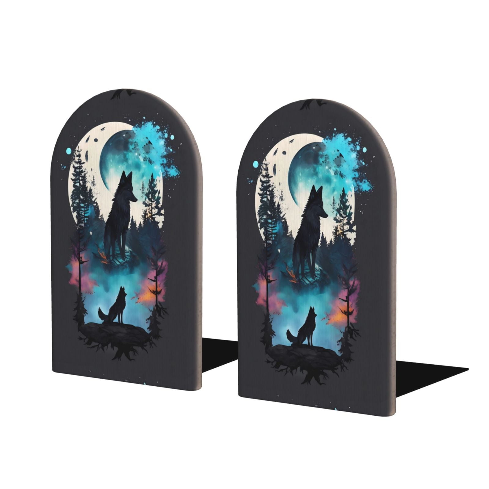 Tebeau Artistic Moon Valley Wolf Print Wood Bookends for Shelves ...