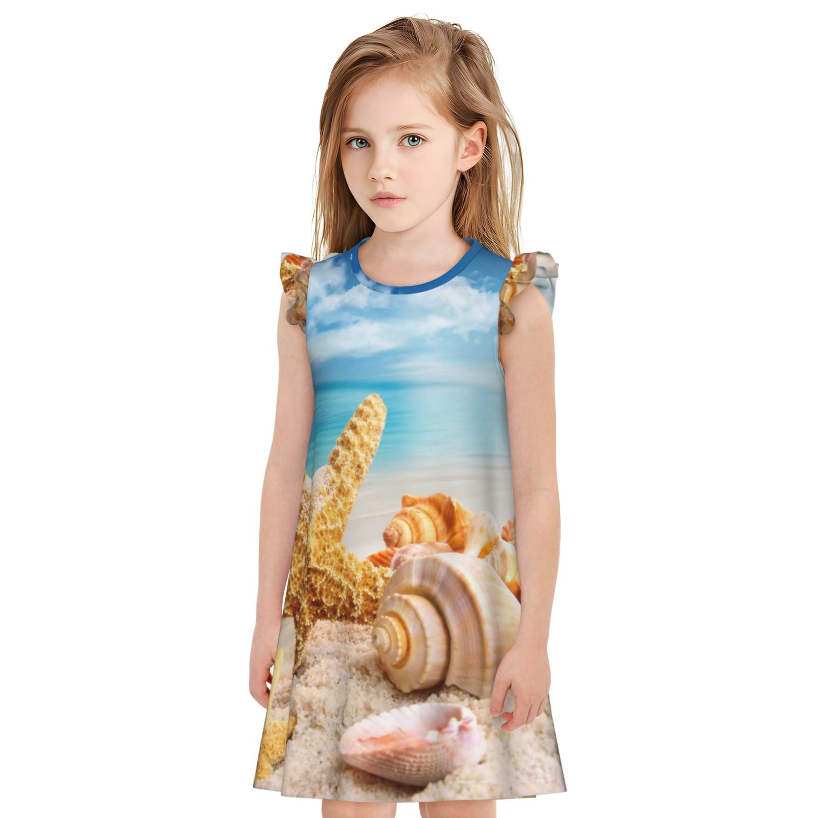 Tebeau Beach Starfish Shell Print Girls Nightgowns Flutter Sleeve ...