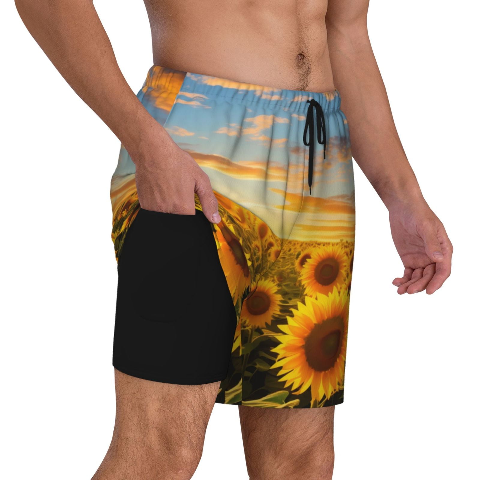 Tebeau Beautiful Golden Sunflower Field Print Men's Swim Trunks with ...
