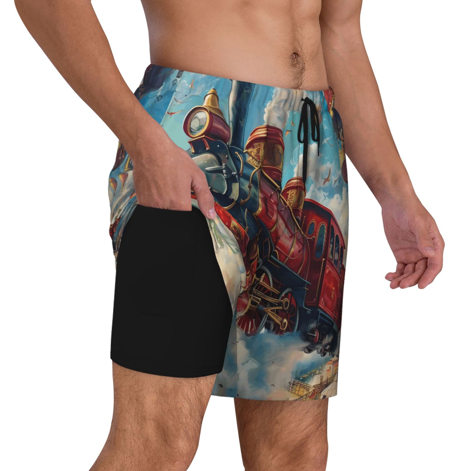 Tebeau Beautiful Red Train Hot Air Balloon Print Men's Swim Trunks with ...