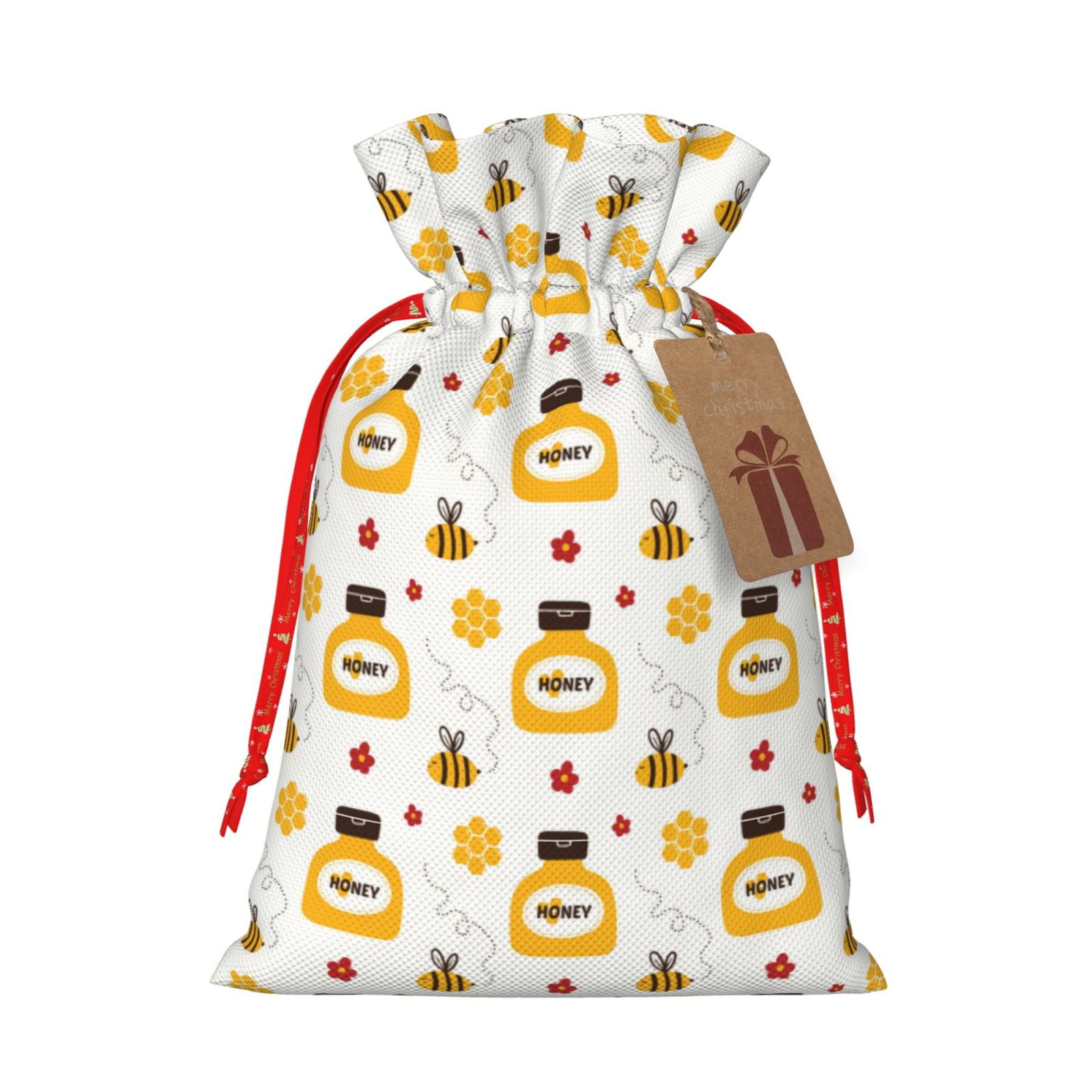 Tebeau Bees and Flowers Print Christmas Drawstring Bags Burlap Candy Bags Linen Treat Bags ...