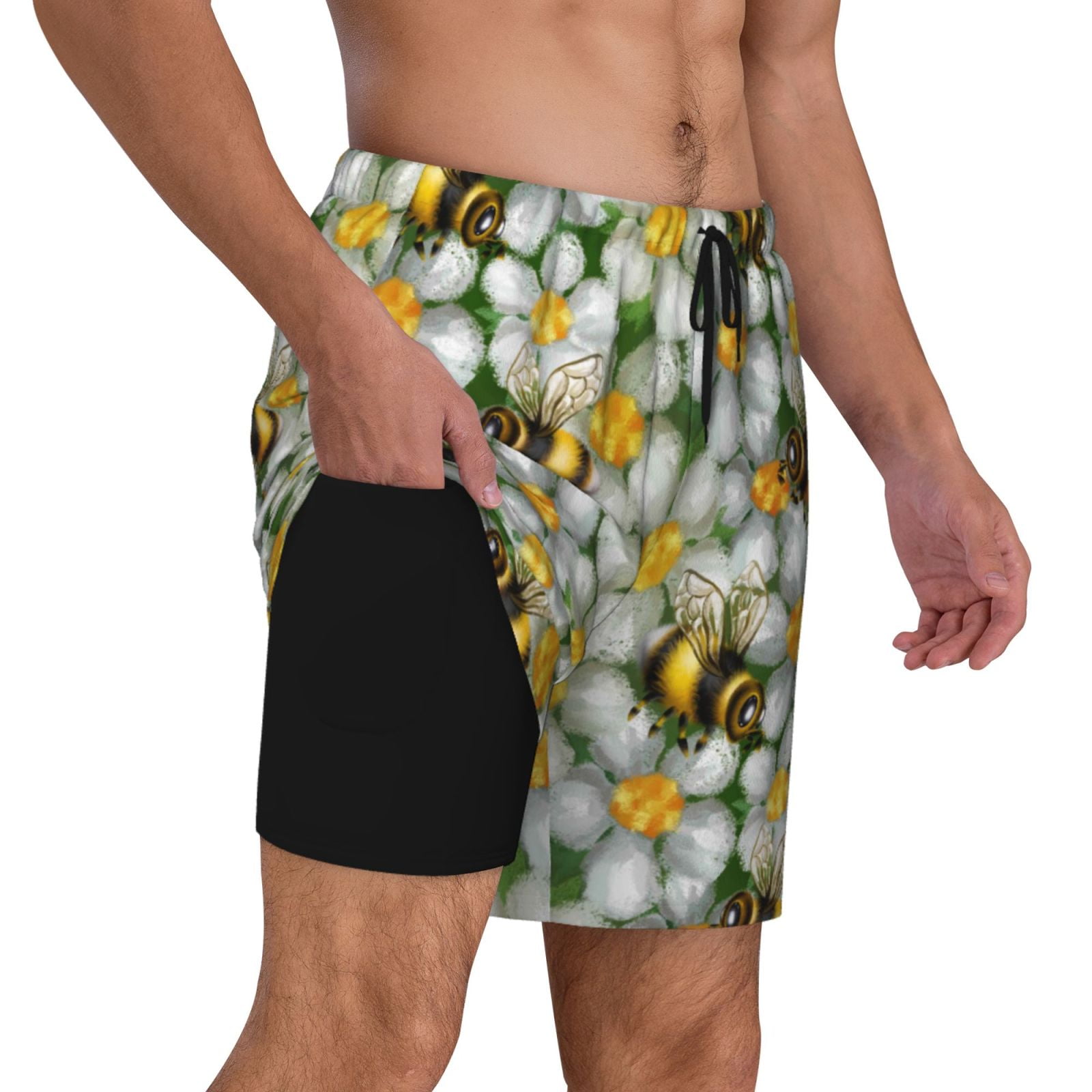 Tebeau Bees and Flower Print Men's Swim Trunks with Compression Liner ...