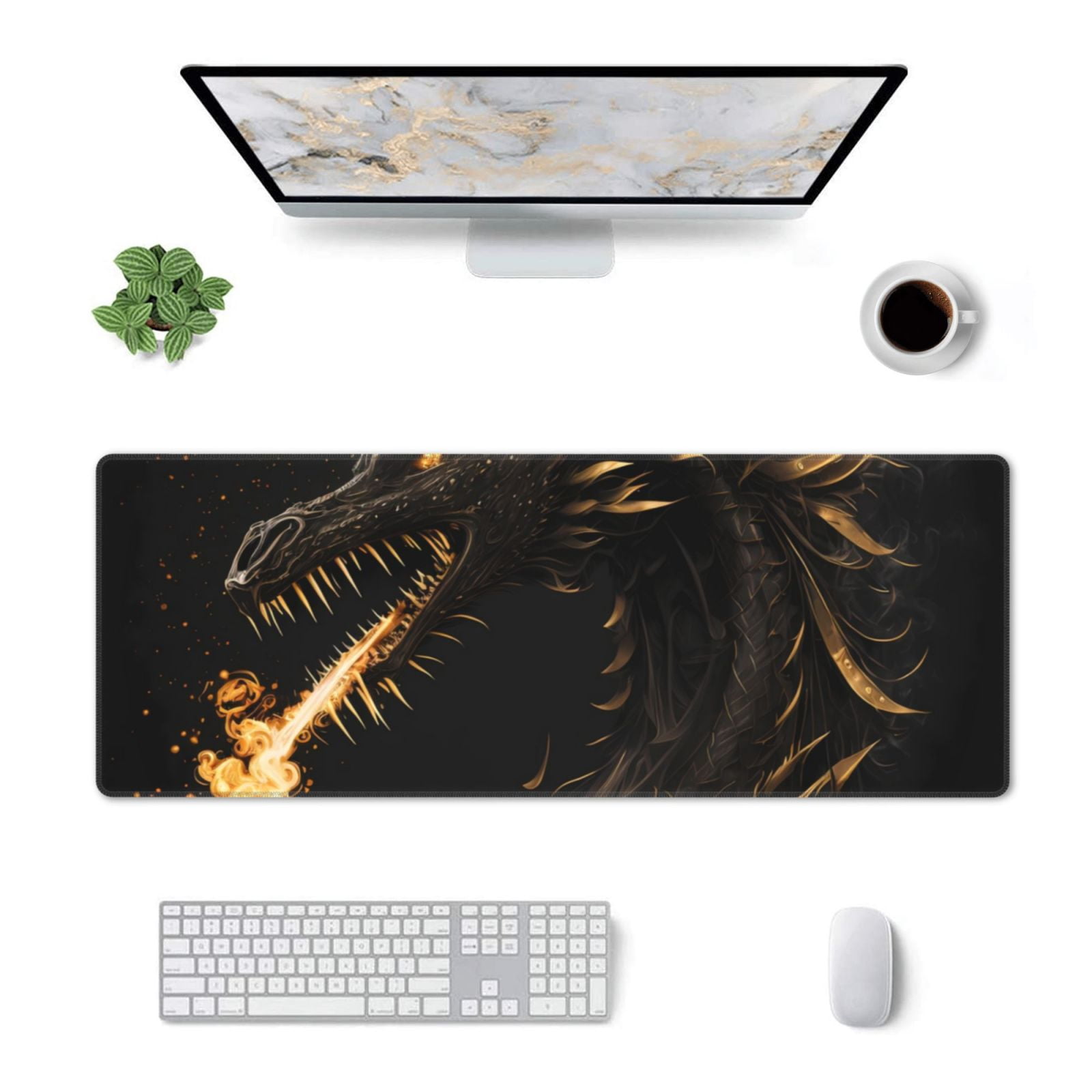Tebeau Black And Gold Fire Dragon Print 12x31.5 inch Gaming Mouse Pad ...