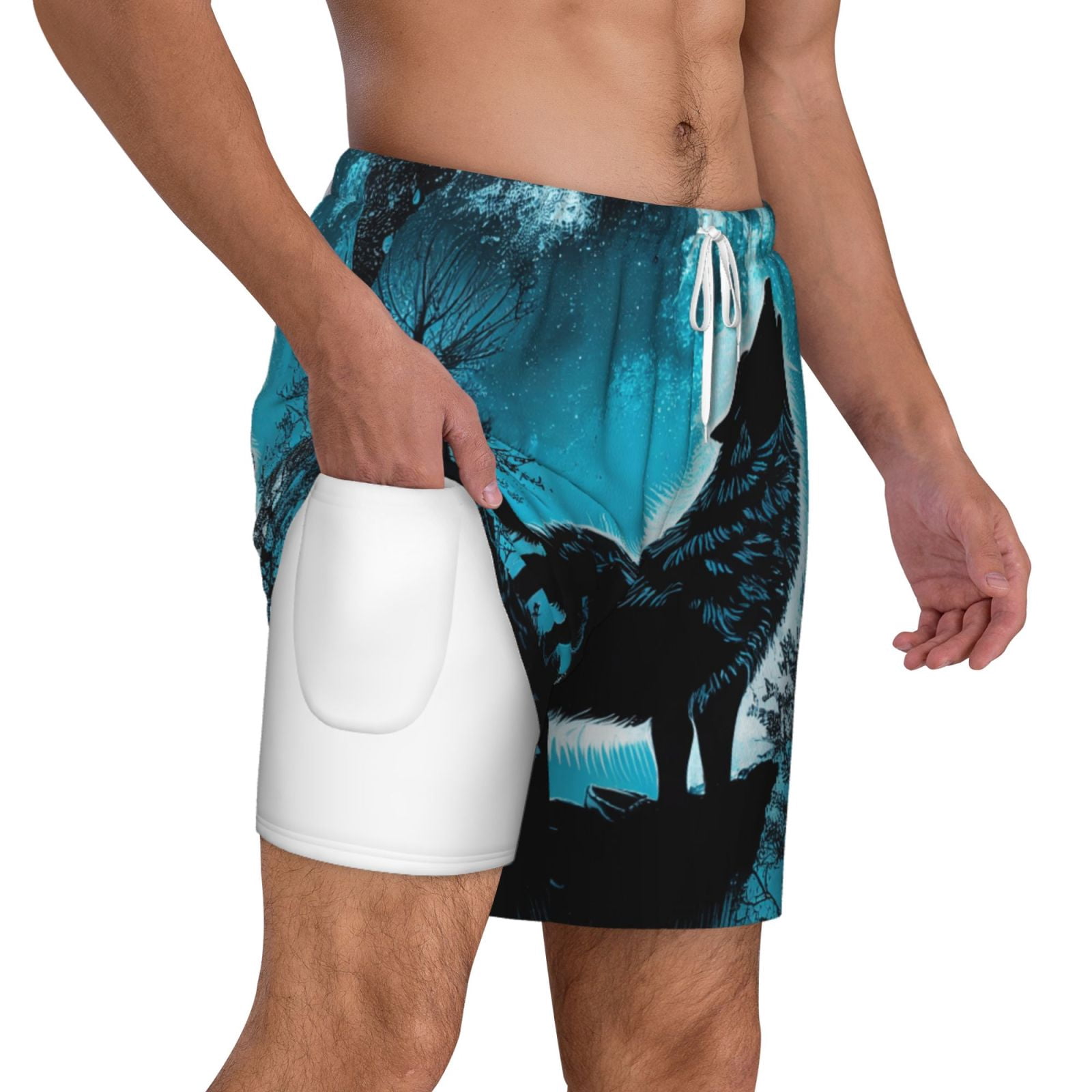 Tebeau Blue Full Moon Wolf Print Men's Swim Trunks with Compression ...
