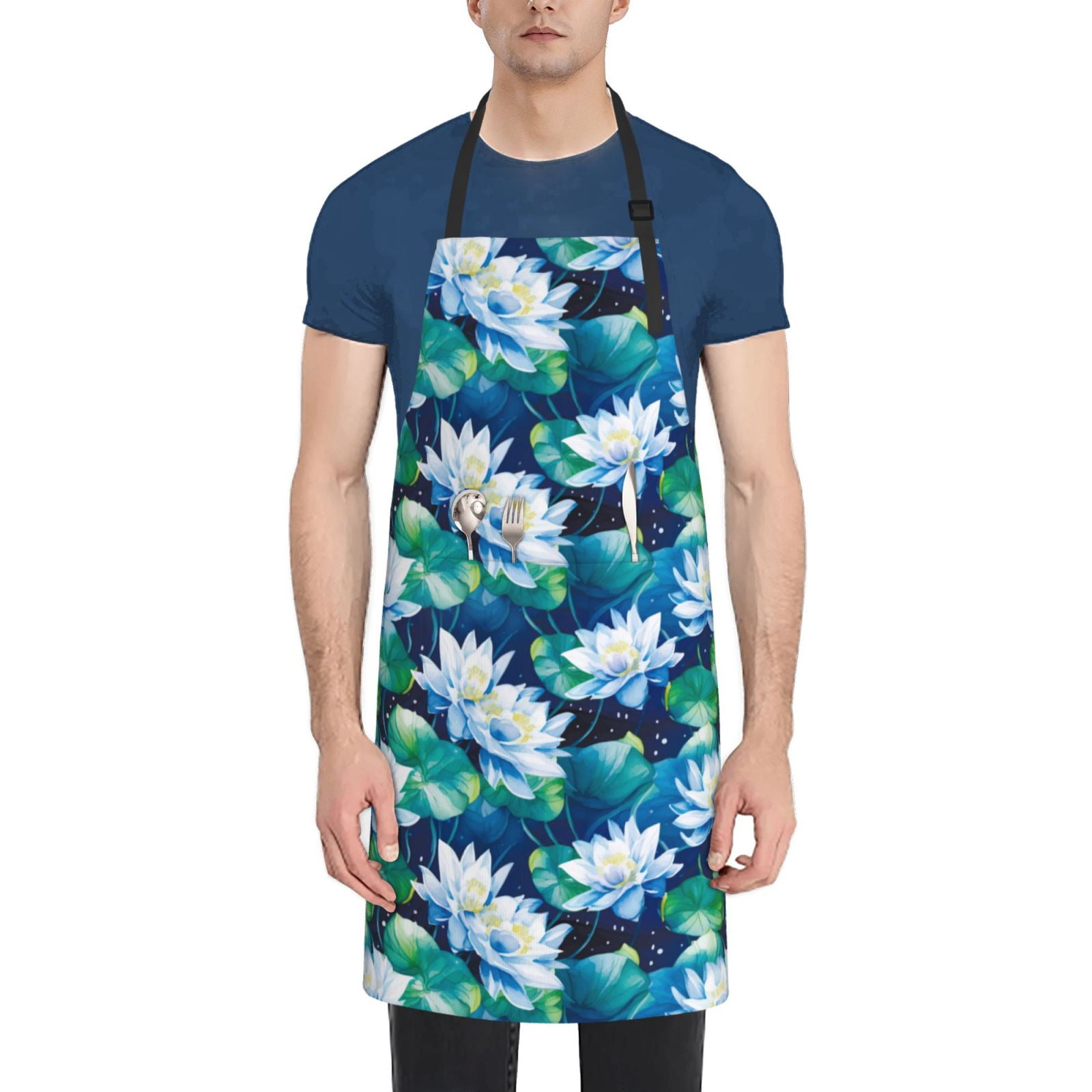 Tebeau Blue Lotus Flower Print Waterproof Cooking Aprons, Adjustable ...