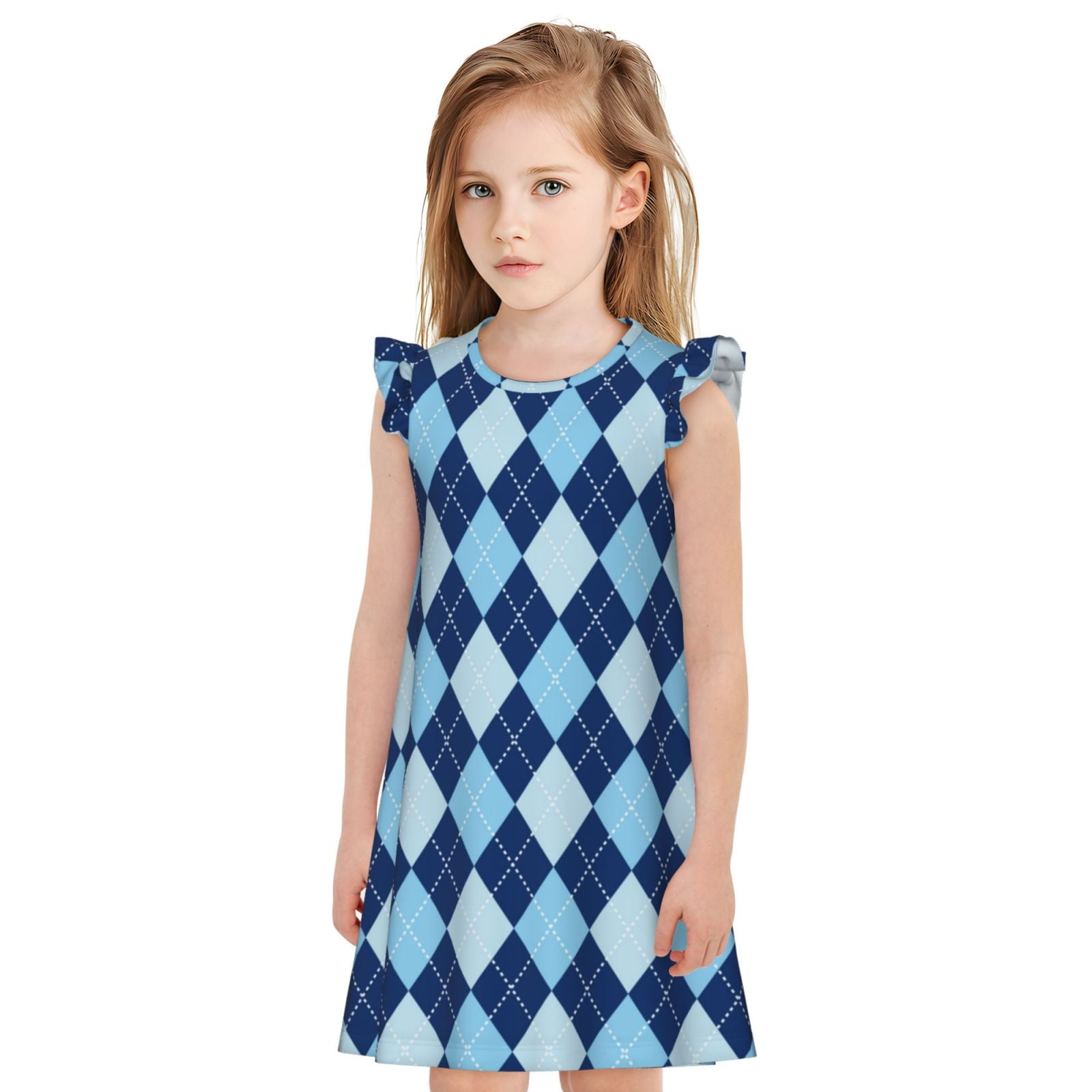 Tebeau Blue Squares Print Girls Nightgowns Flutter Sleeve Pajamas Dress ...