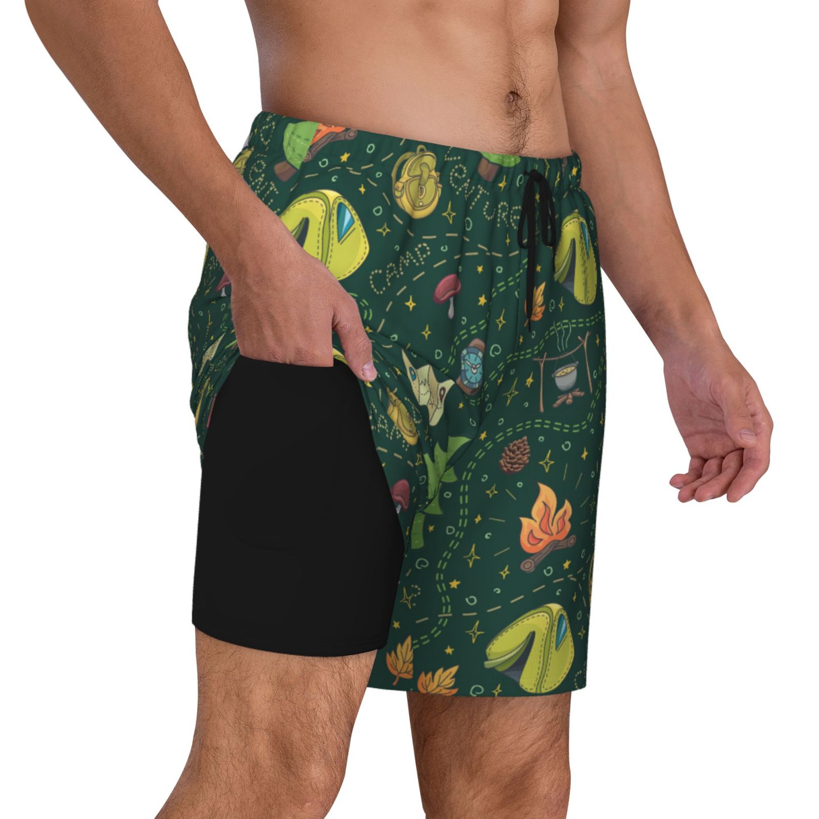 Tebeau Camp In The Forest Print Men's Swim Trunks with Compression ...