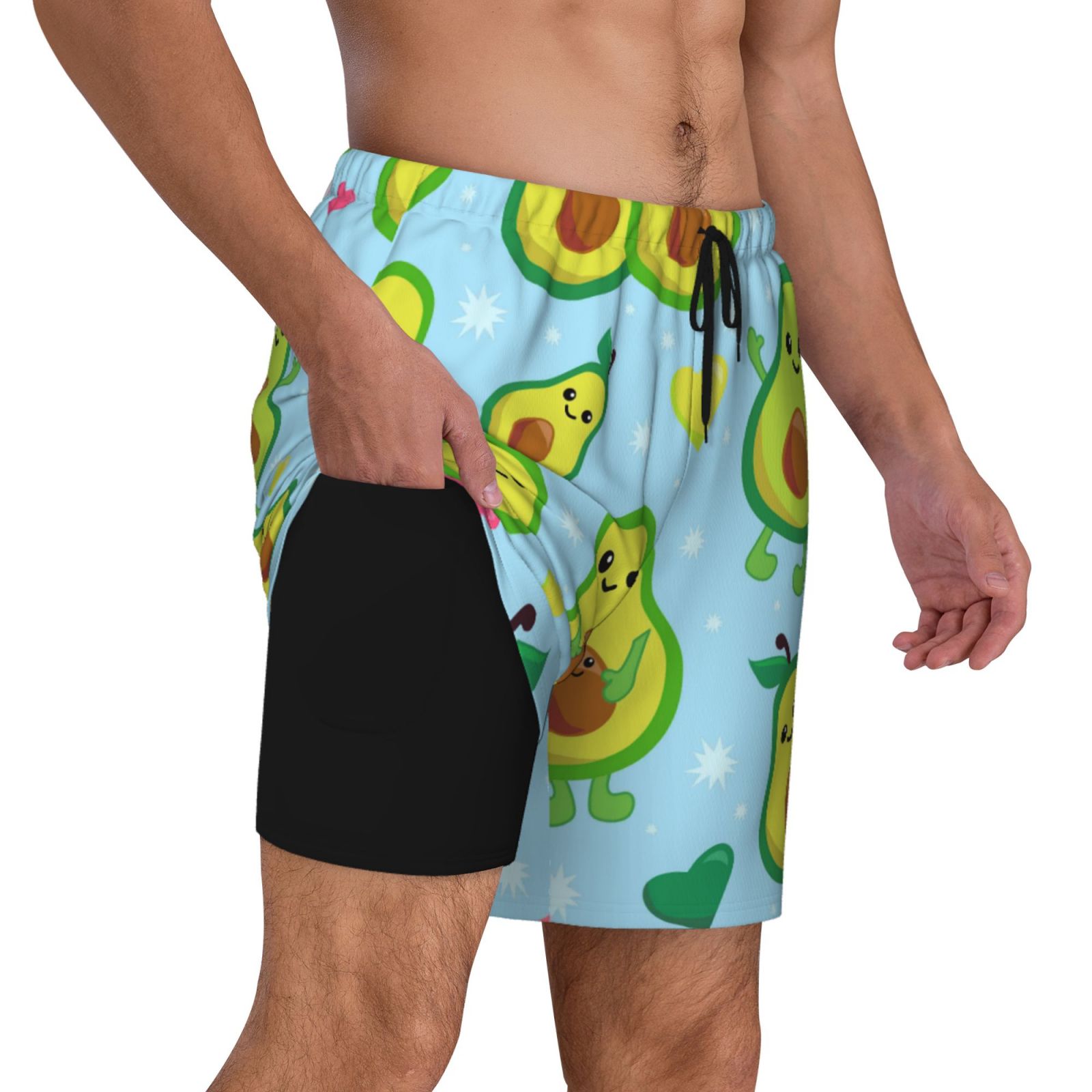 Tebeau Cartoon Avocado Print Men's Swim Trunks with Compression Liner ...