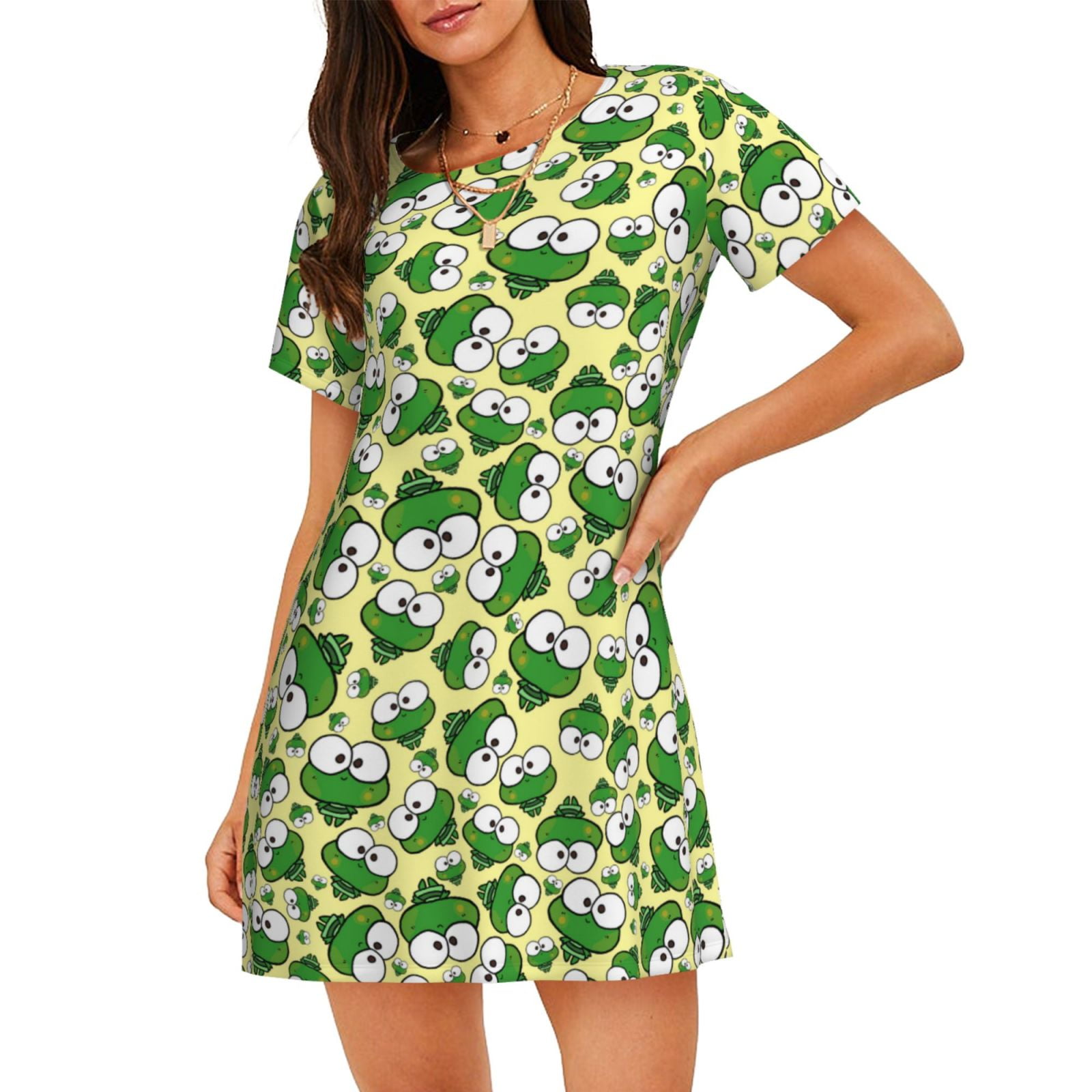 Tebeau Cartoon Frogs Print Women's Loose Short Sleeve Nightgown, Soft ...