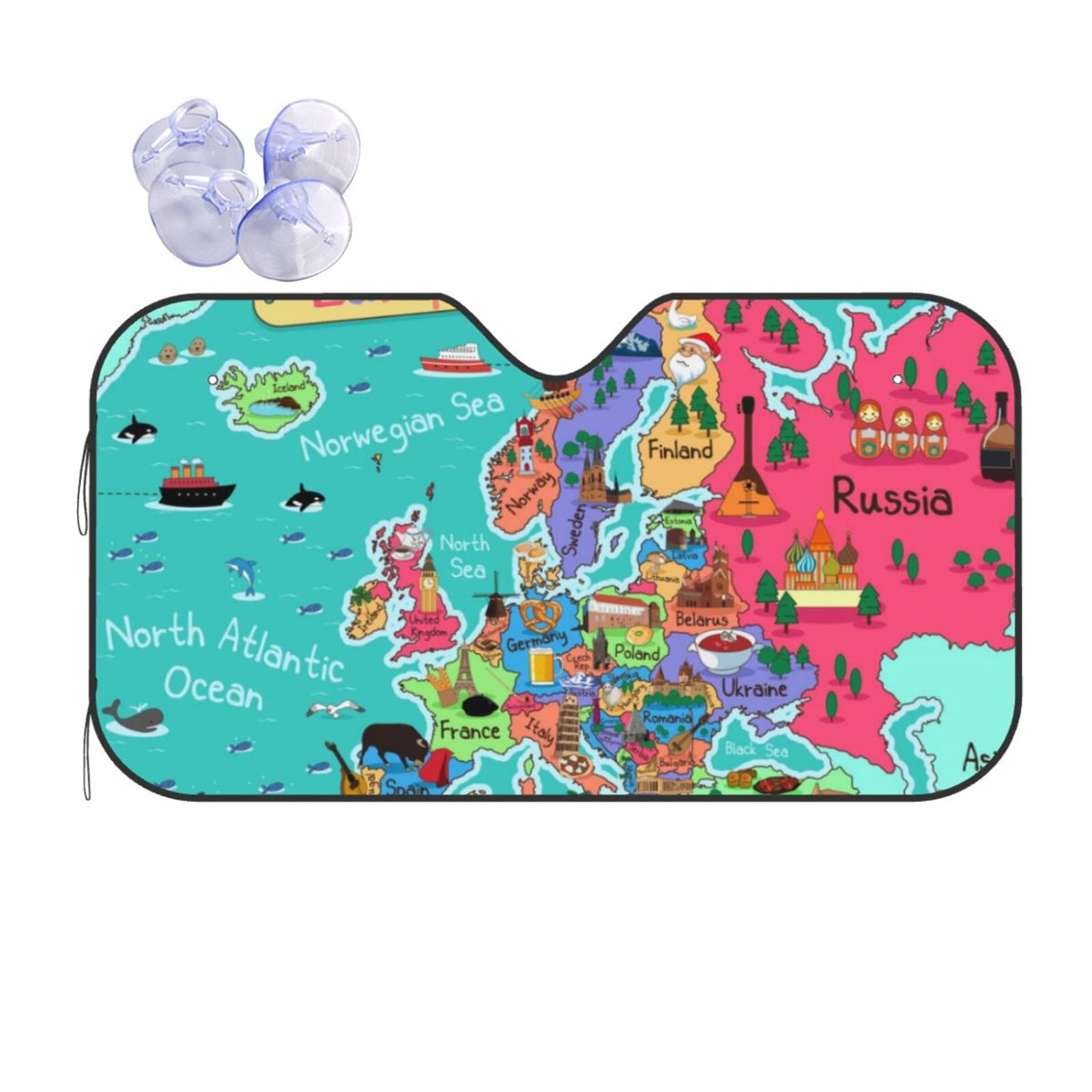 Tebeau Cartoon Map Of Europe Print Foldable Car Windshield Sun Shades ...