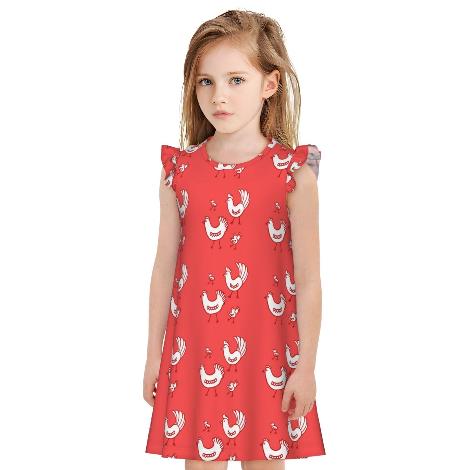 Tebeau Cartoon Rooster Print Girls Nightgowns Flutter Sleeve Pajamas Dress Girls Princess Dress ...