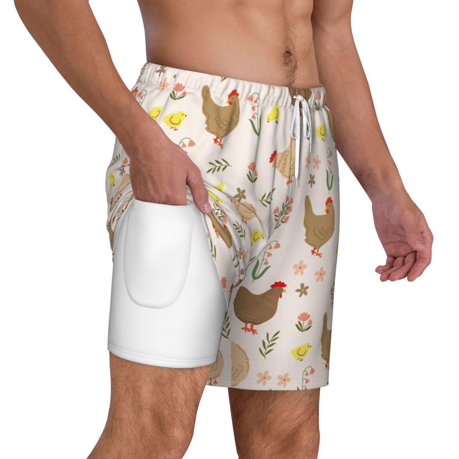 Tebeau Chicken Family Print Men's Swim Trunks with Compression Liner ...