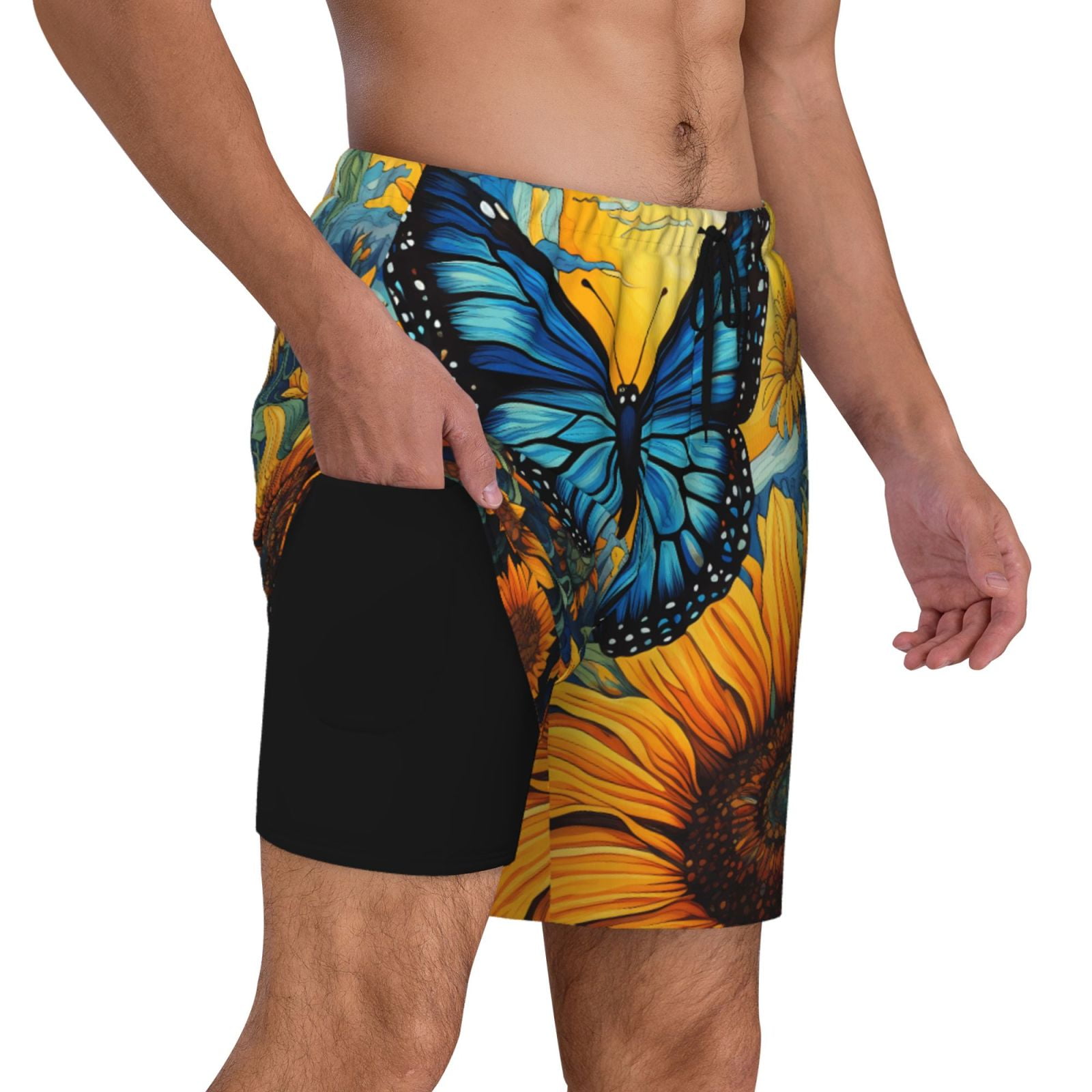 Tebeau Colorful Cloud Butterfly Sunflower Print Men's Swim Trunks with ...