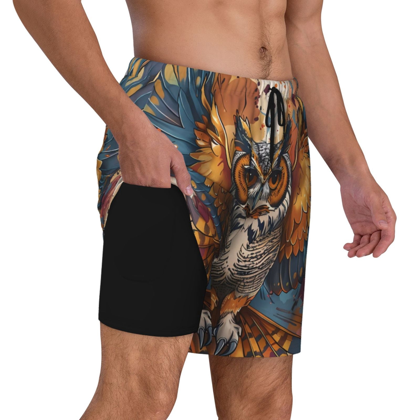 Tebeau Colorful Owl Tattoo Art Print Men's Swim Trunks with Compression ...