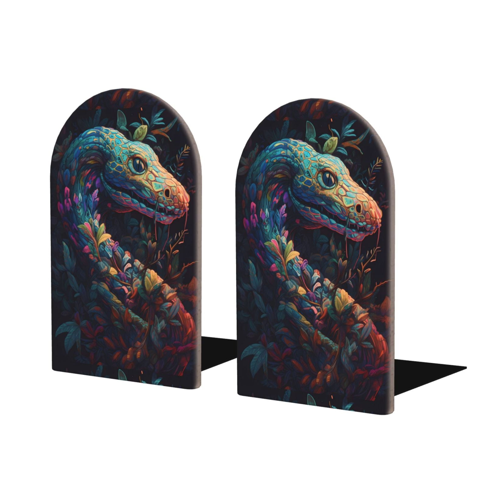Tebeau Colorful Patterned Snake Print Wood Bookends for Shelves ...