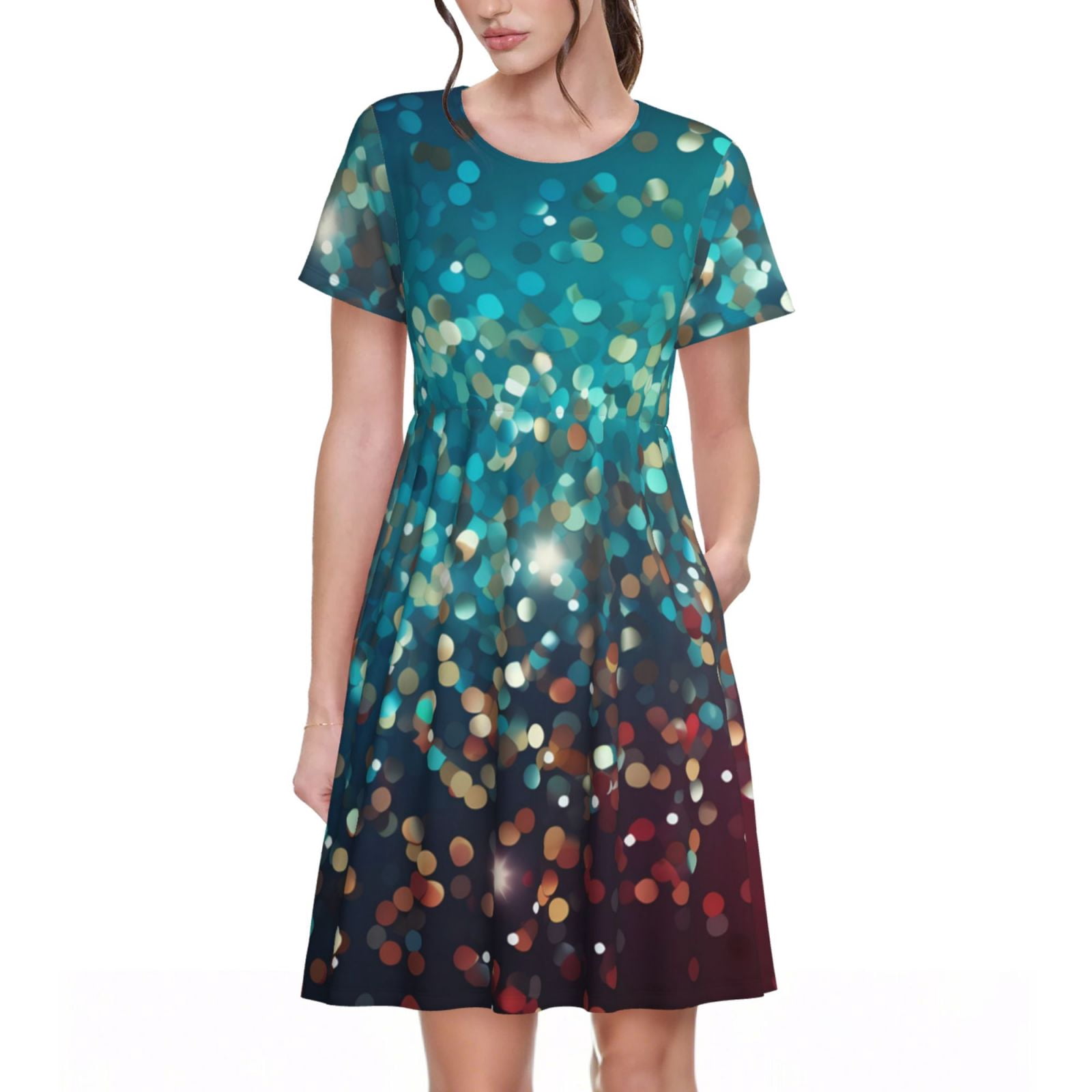 Tebeau Colorful Rainbow Glitter Print Women's Sundress Casual Smocked ...