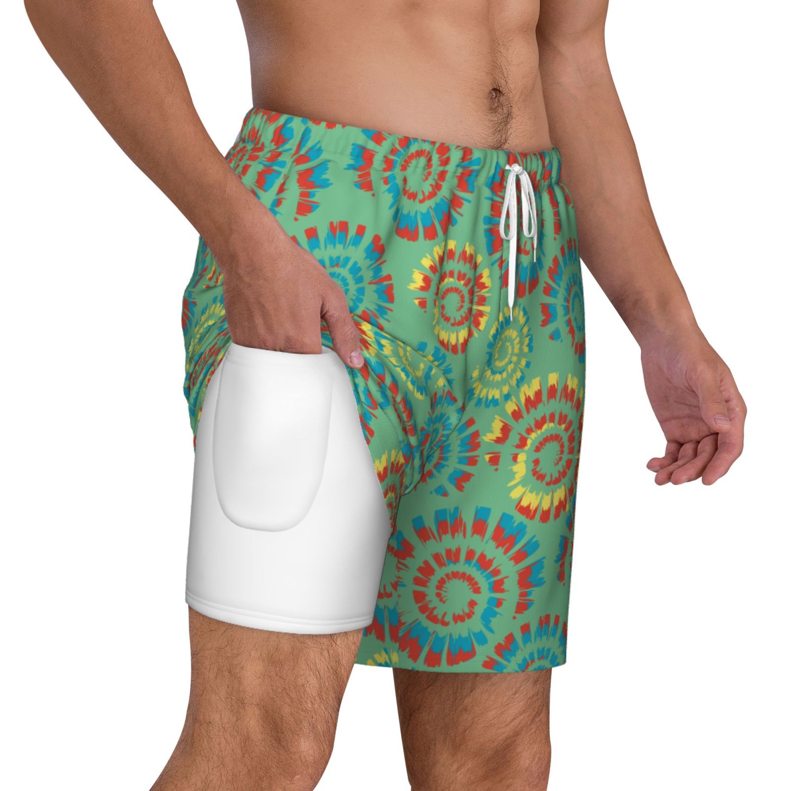 Tebeau Colourful Tie Dye Print Men's Swim Trunks with Compression Liner ...