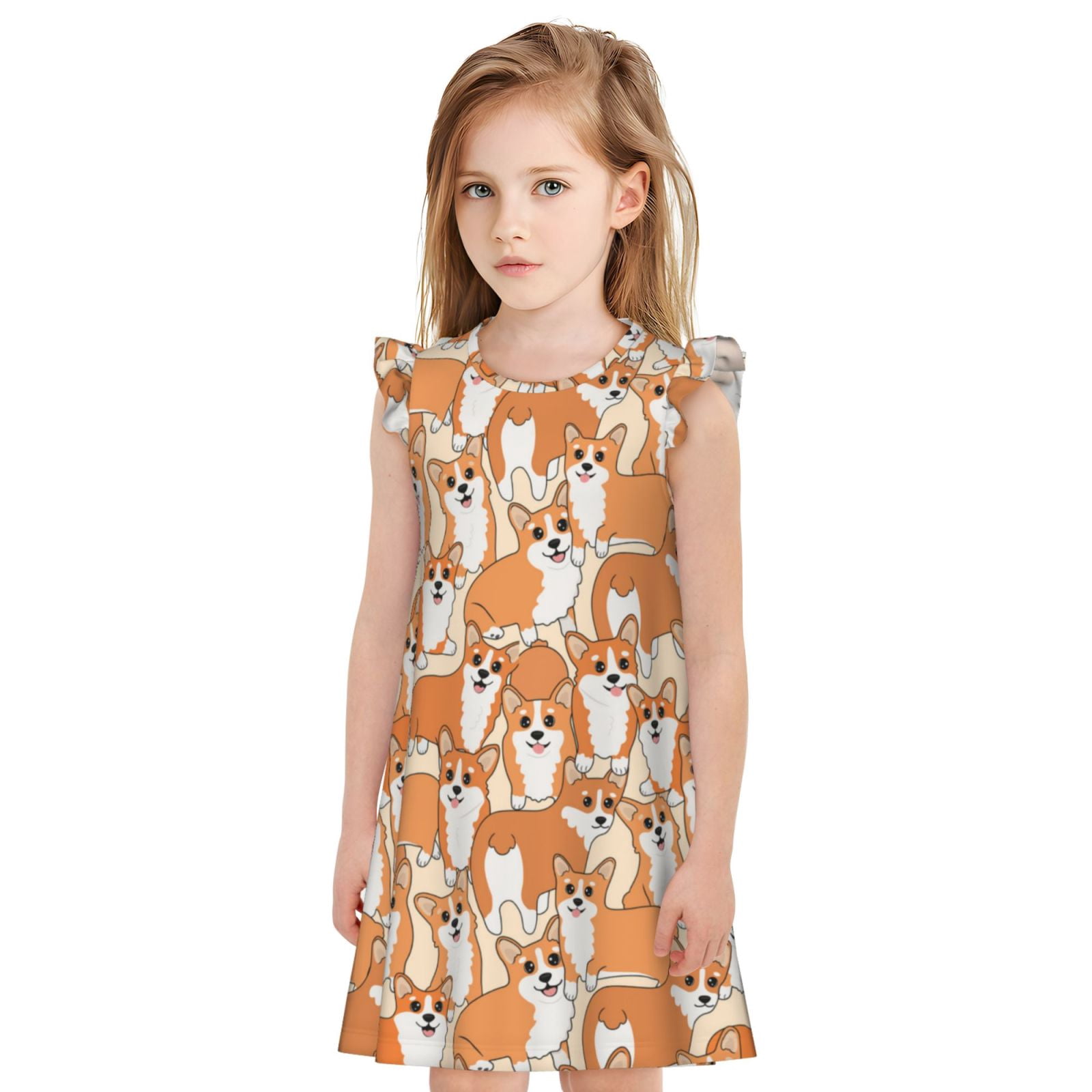 Tebeau Corgi Animal Print Girls Nightgowns Flutter Sleeve Pajamas Dress ...