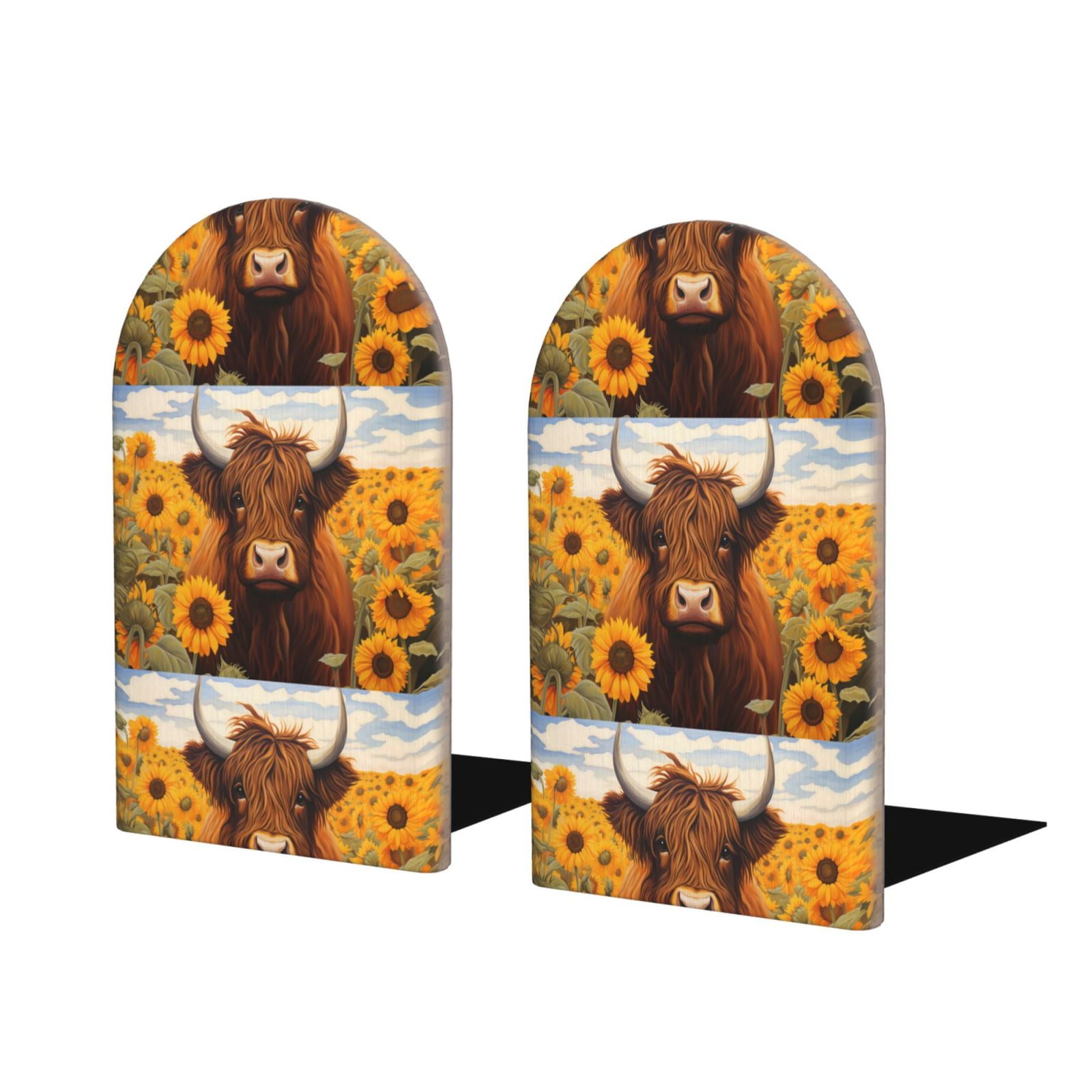 Tebeau Countryside Sunflower Cow Print Wood Bookends for Shelves ...
