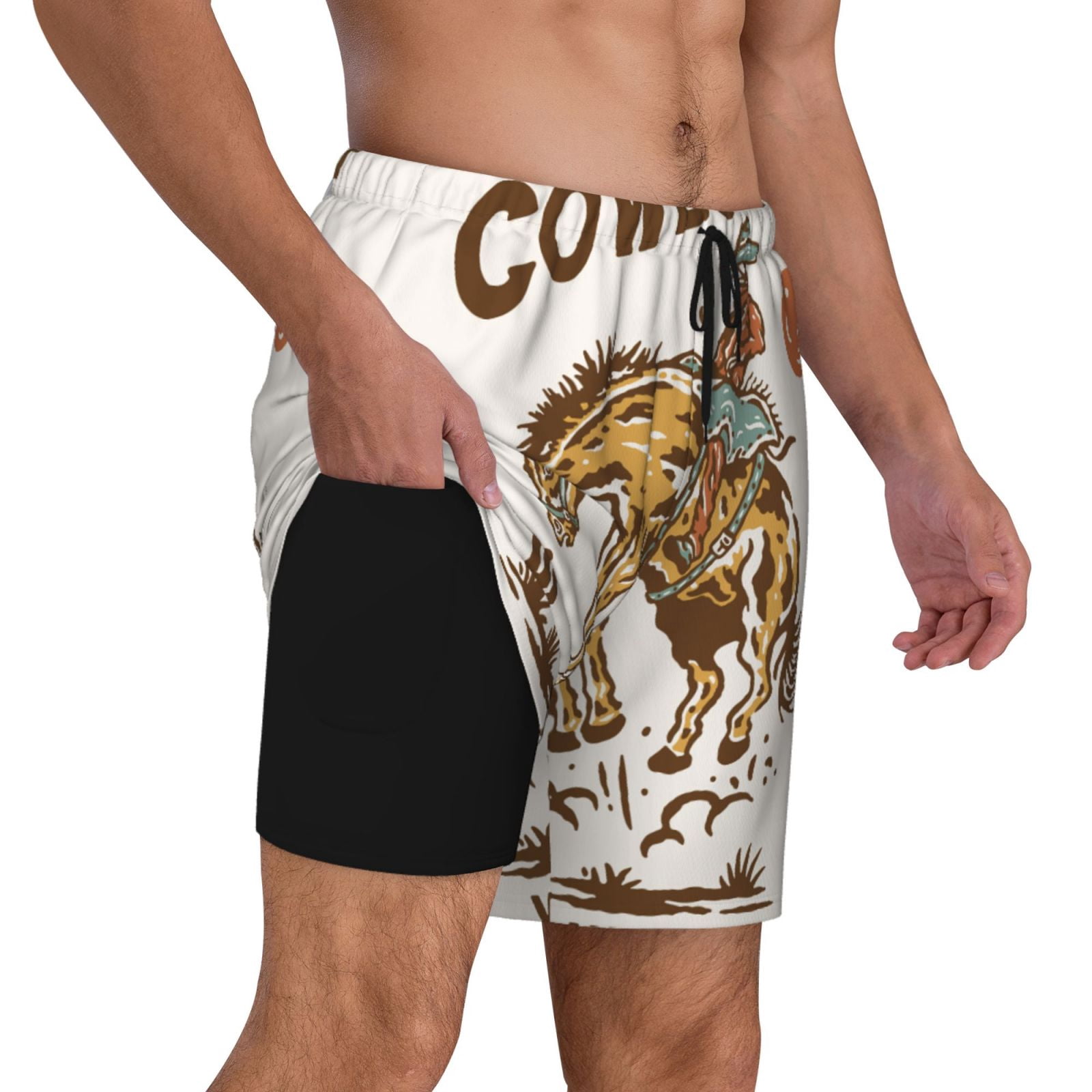 Tebeau Cowboy Up Vintage Wild West Print Men's Swim Trunks with ...