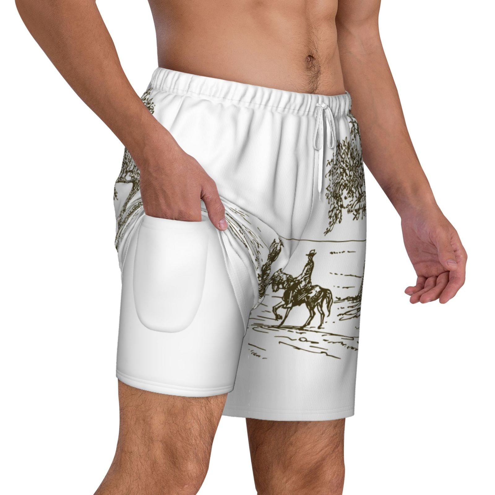 Tebeau Cowboys Riding A Horse Near A Tree Print Men's Swim Trunks with ...