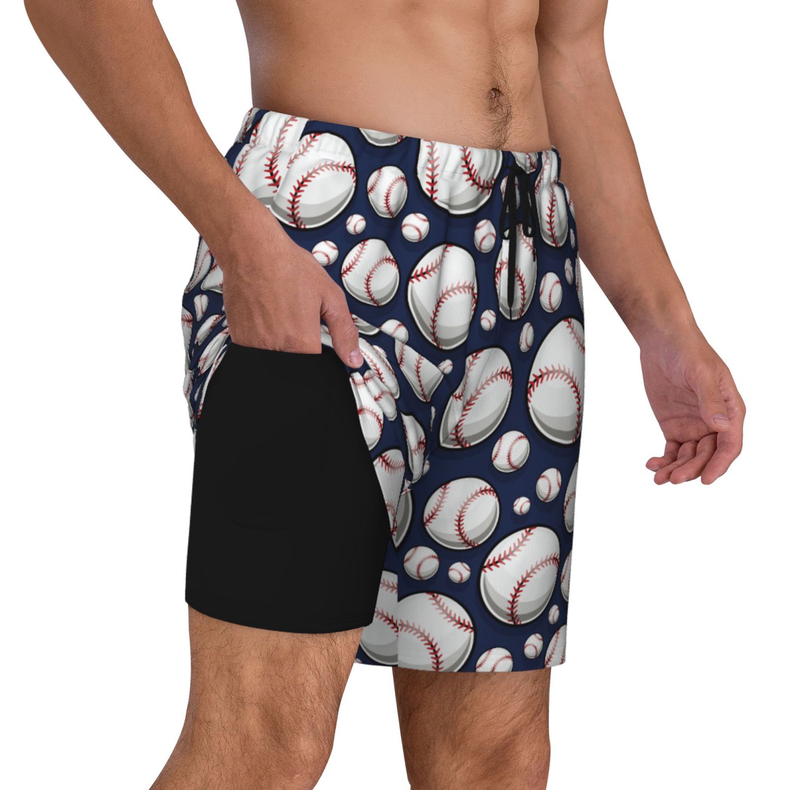 Tebeau Cute Basebal Print Men's Swim Trunks with Compression Liner ...