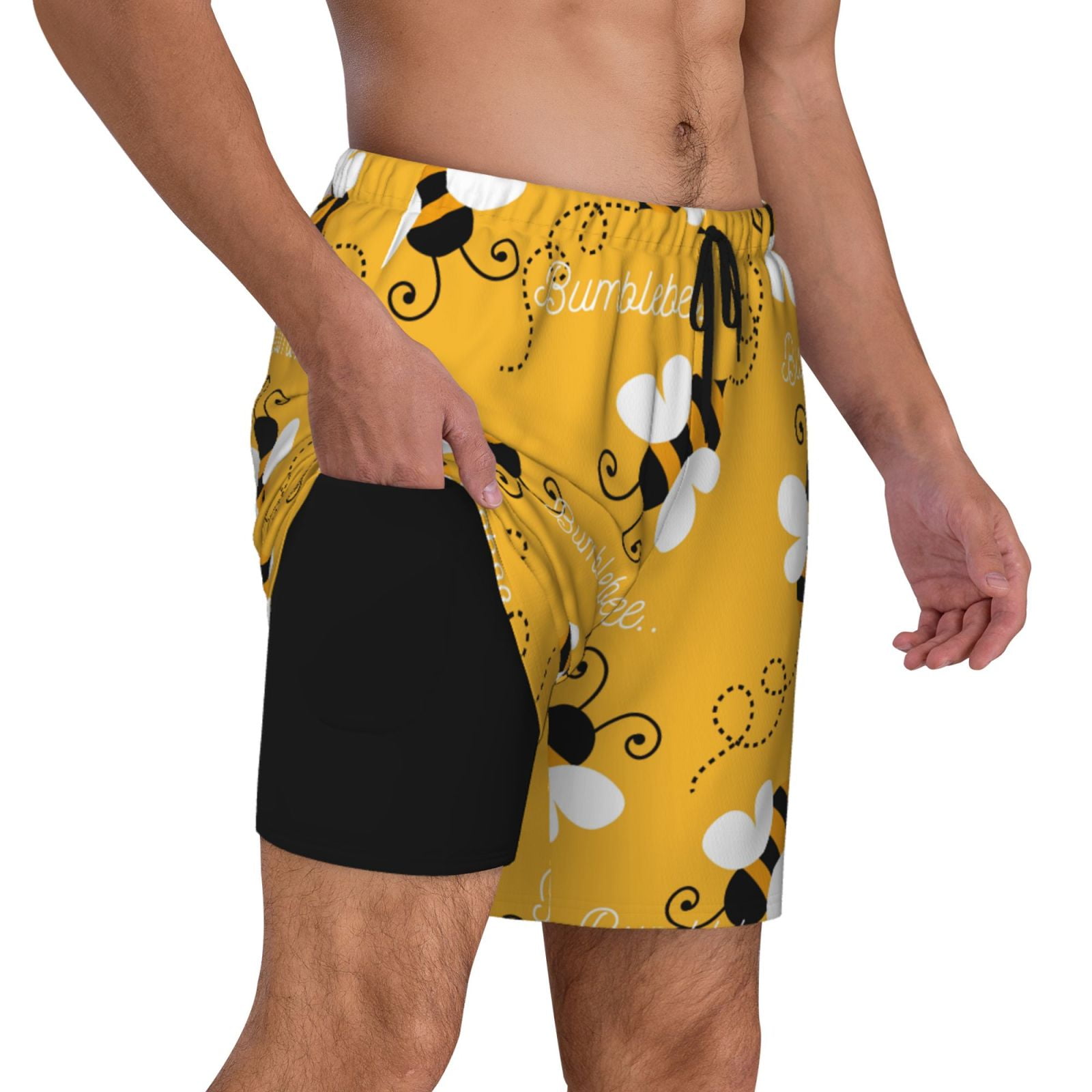 Tebeau Cute Bee Butterfly Yelllow Print Men's Swim Trunks with ...