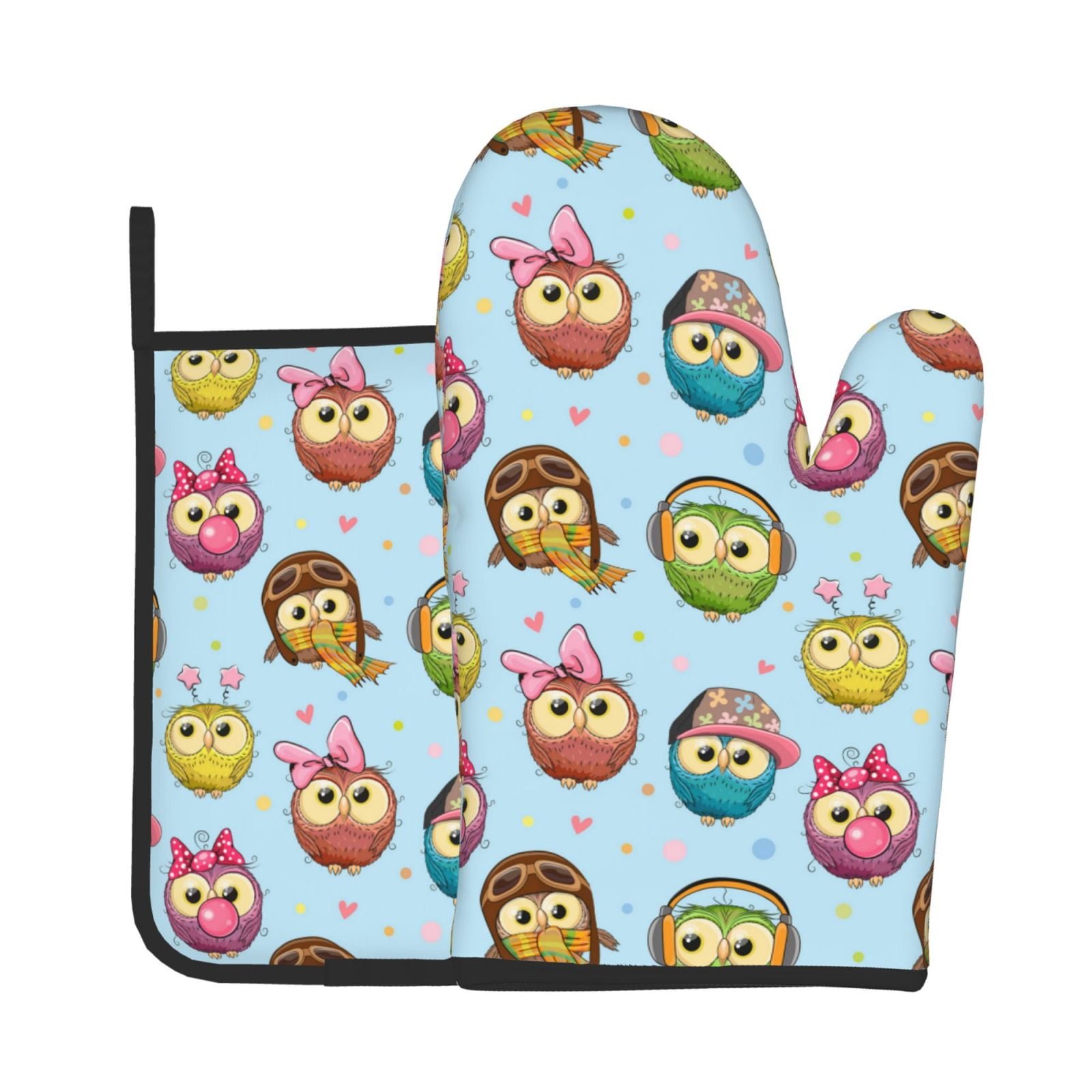 Tebeau Cute Cartoon Owls 3 Print Oven Mitts and Pan Racks 2-Piece Set ...