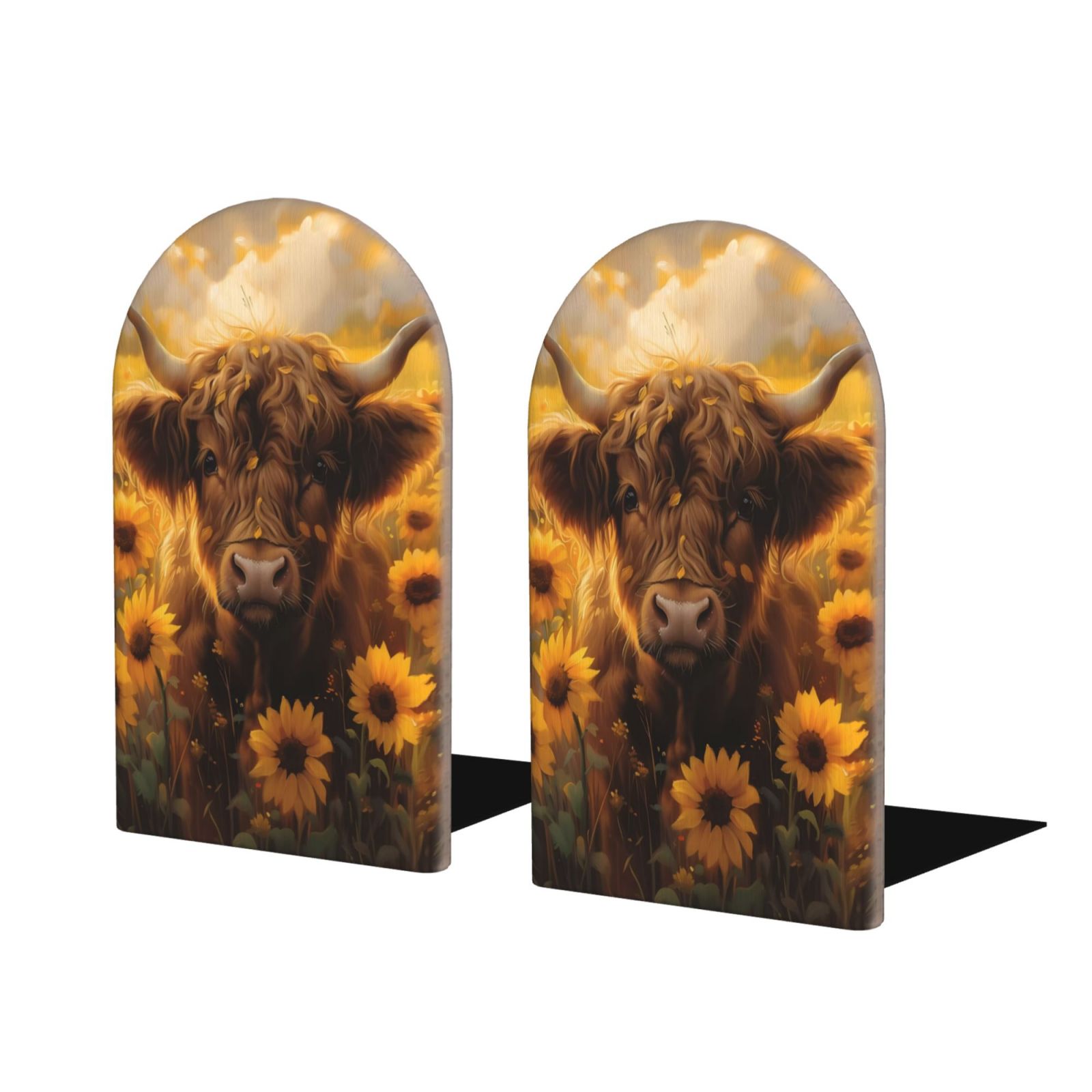 Tebeau Cute Cow Sunflower Field Print Wood Bookends for Shelves ...
