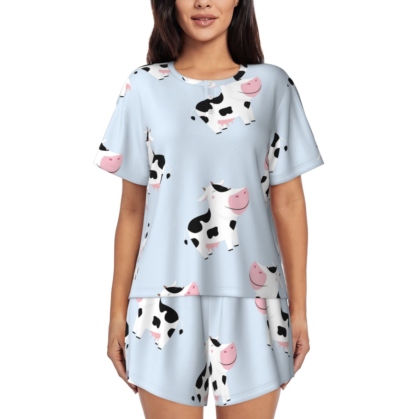 Tebeau Cute Farm Cow Print Women's Pajamas Sets Short Sleeve Lounge ...