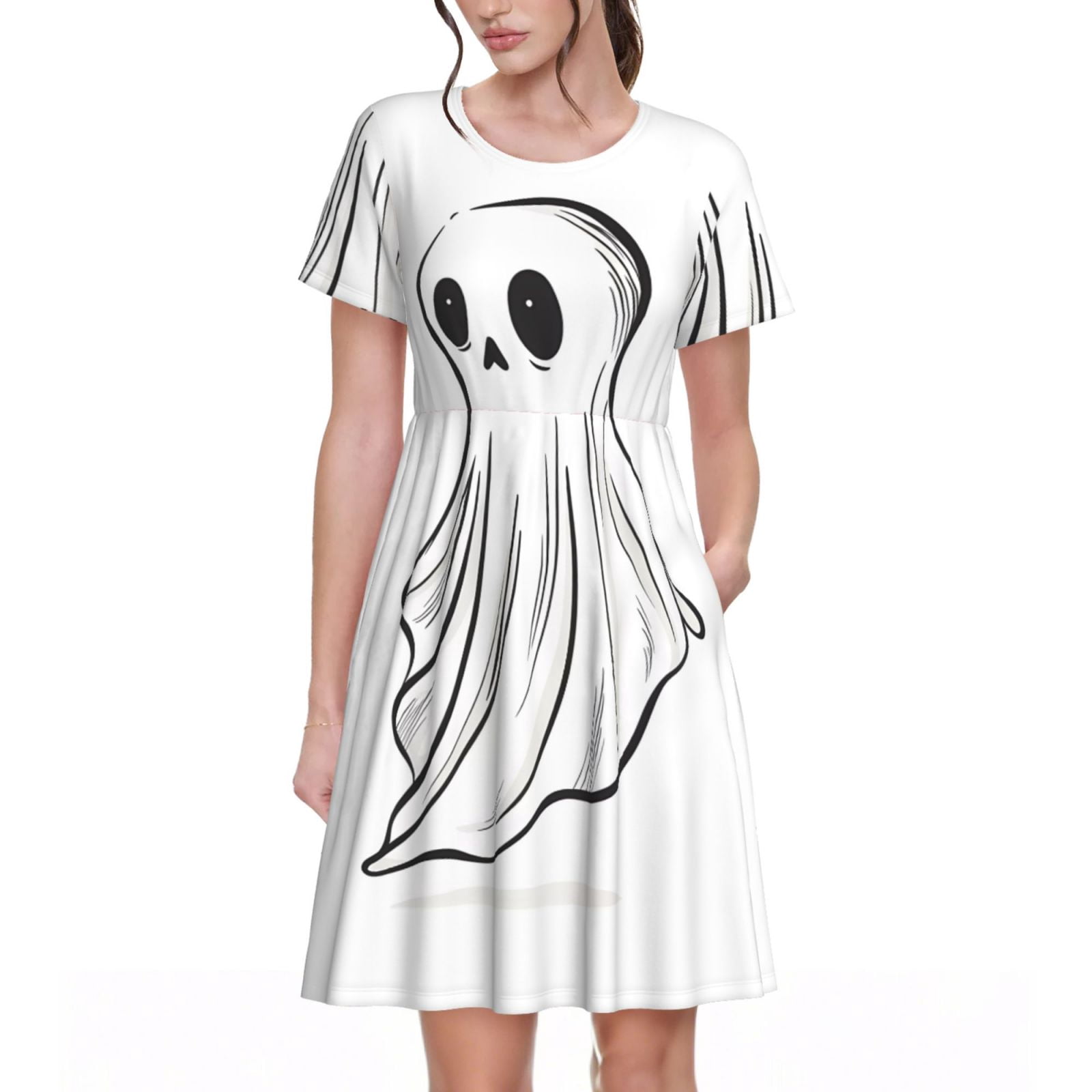 Tebeau Cute Ghost Simple Drawing Print Women's Sundress Casual Smocked ...