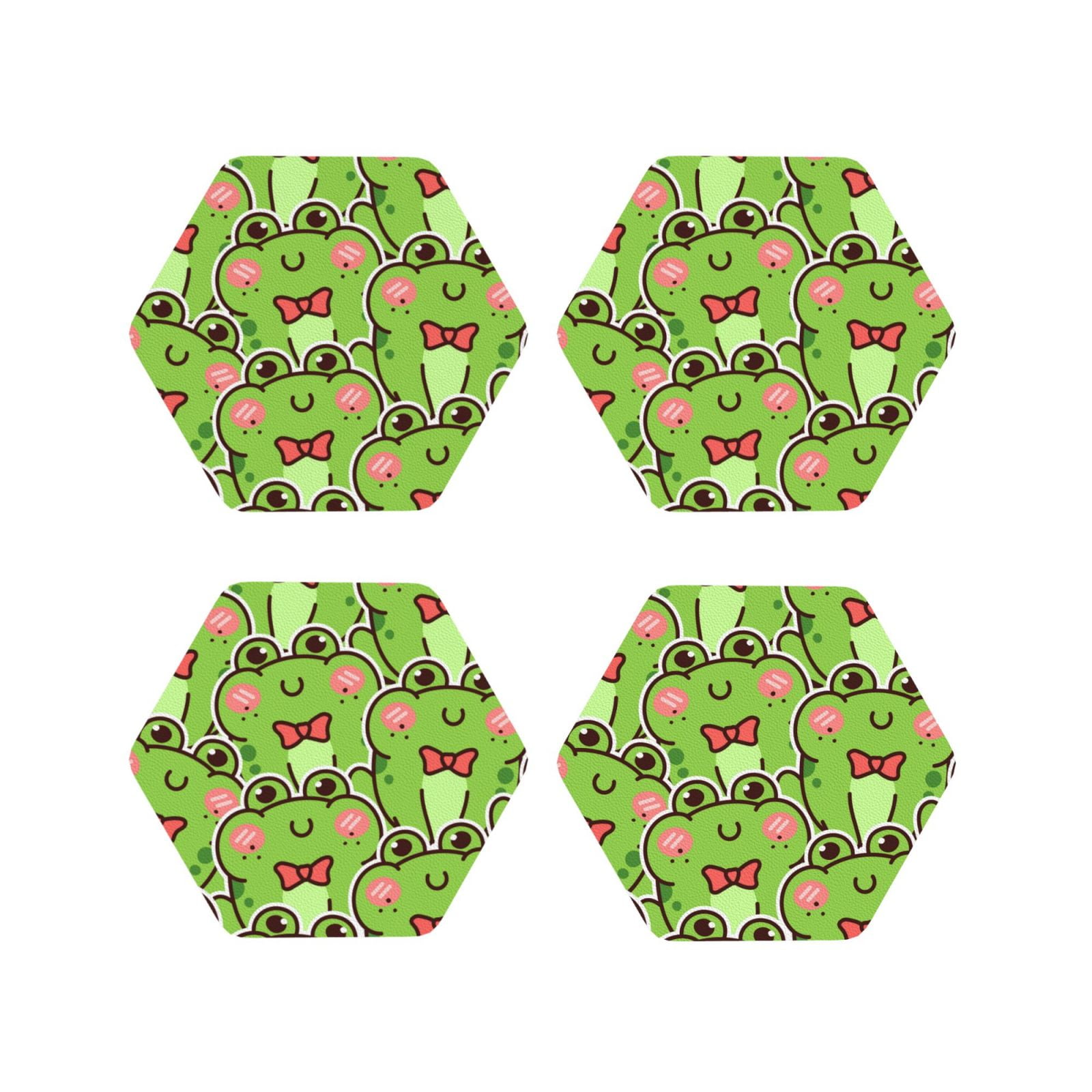 Tebeau Cute Green Frog Print Set of 4 Leather Drink Coasters Round Cup Mat Pad for Home and ...