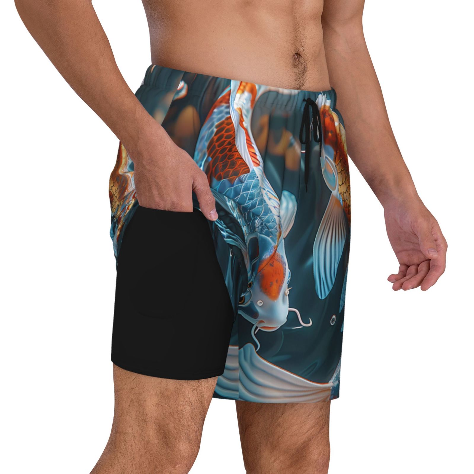 Tebeau Cute Koi Fish Serenity Print Men's Swim Trunks with Compression ...