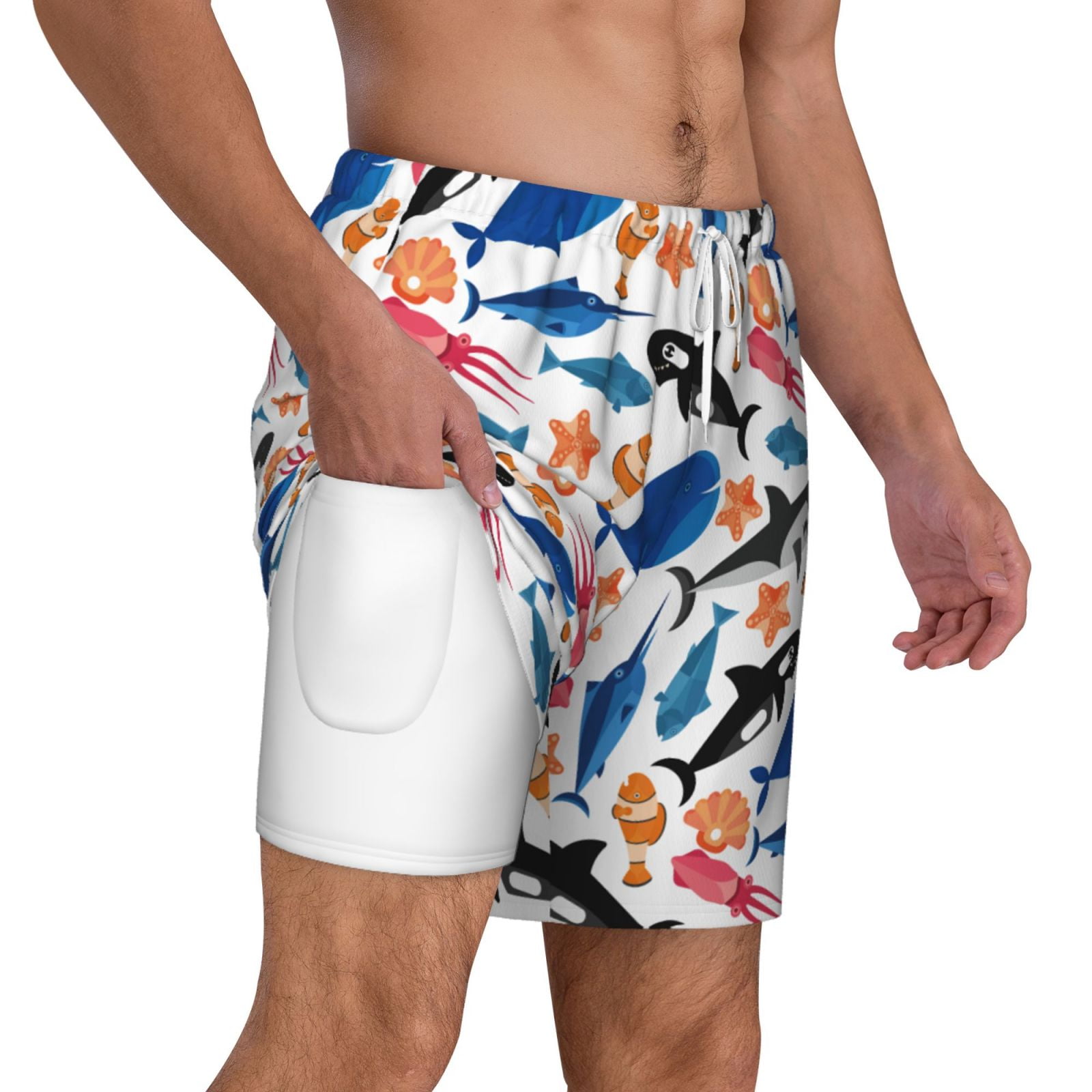 Tebeau Cute Sea Animals Print Men's Swim Trunks with Compression Liner ...