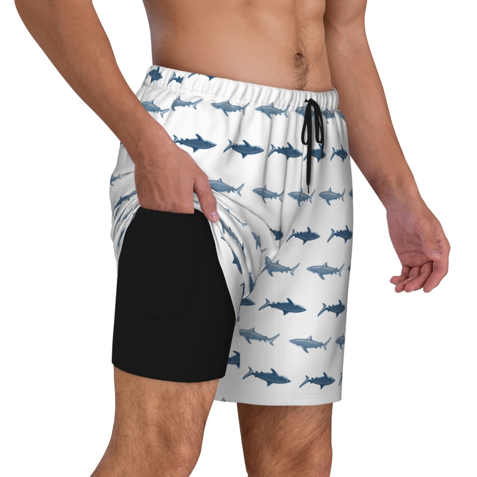 Tebeau Cute Shark Print Men's Swim Trunks with Compression Liner ...