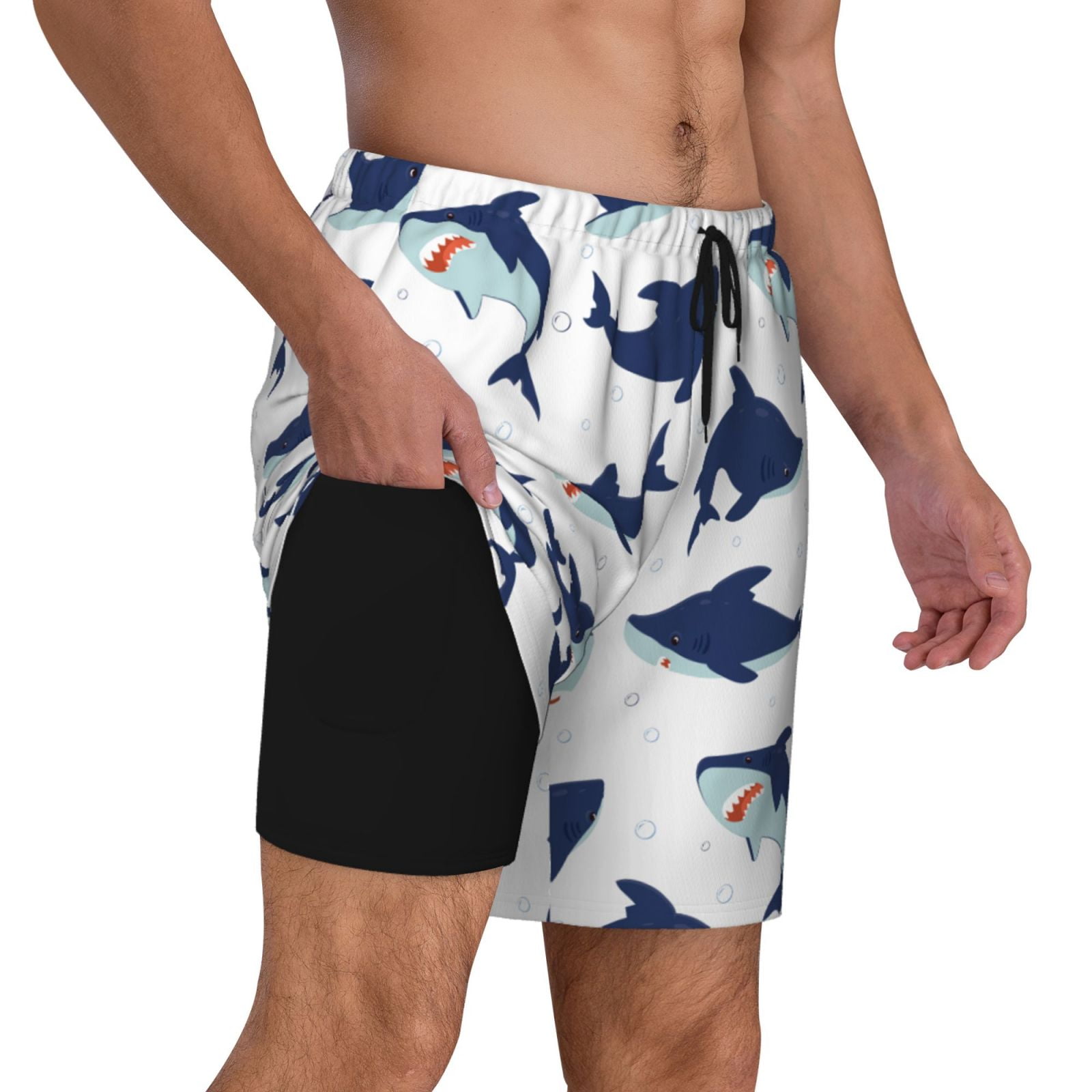 Tebeau Cute Shark Print Men's Swim Trunks with Compression Liner ...