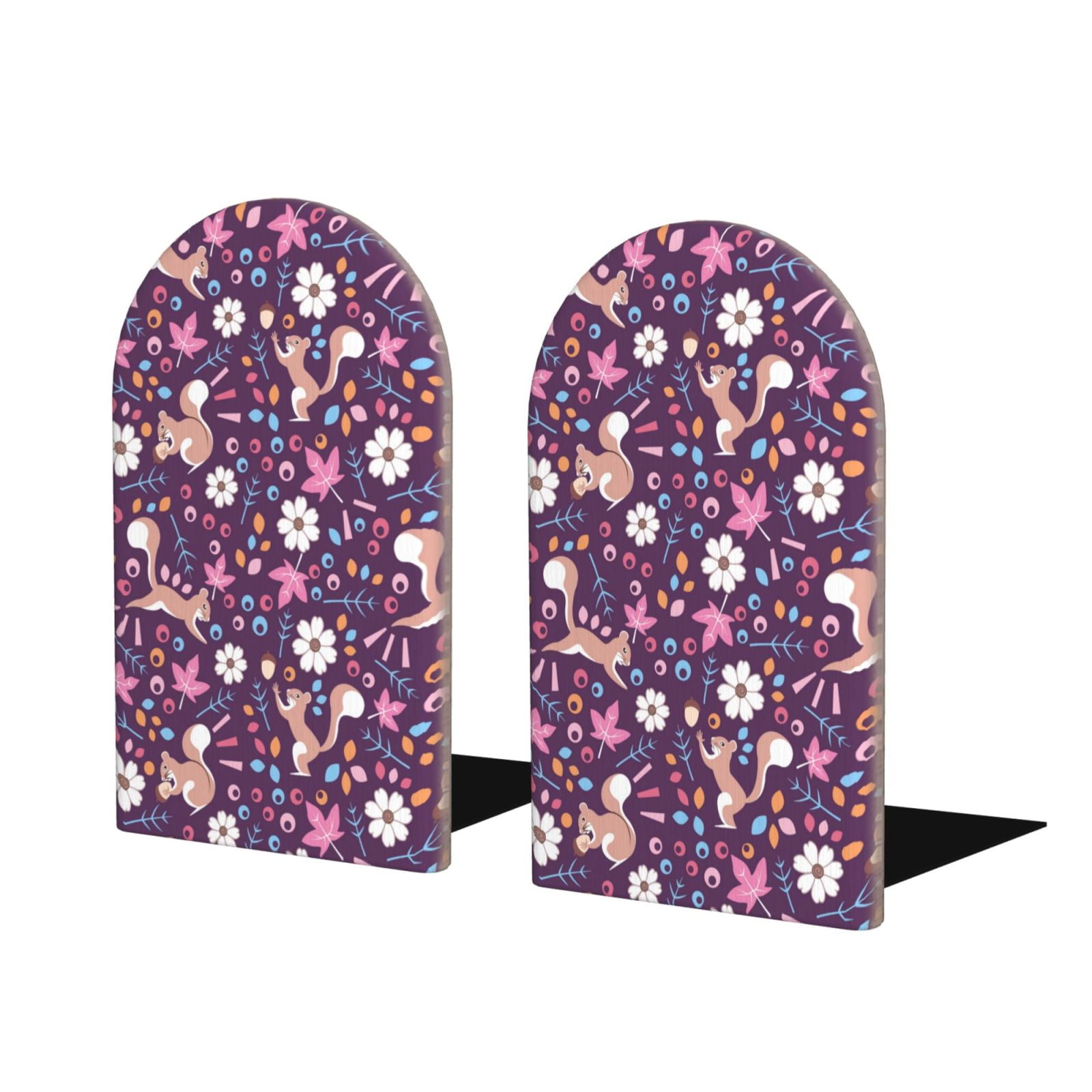 Tebeau Cute Squirrel Floral Print Wood Bookends for Shelves,Bookends ...